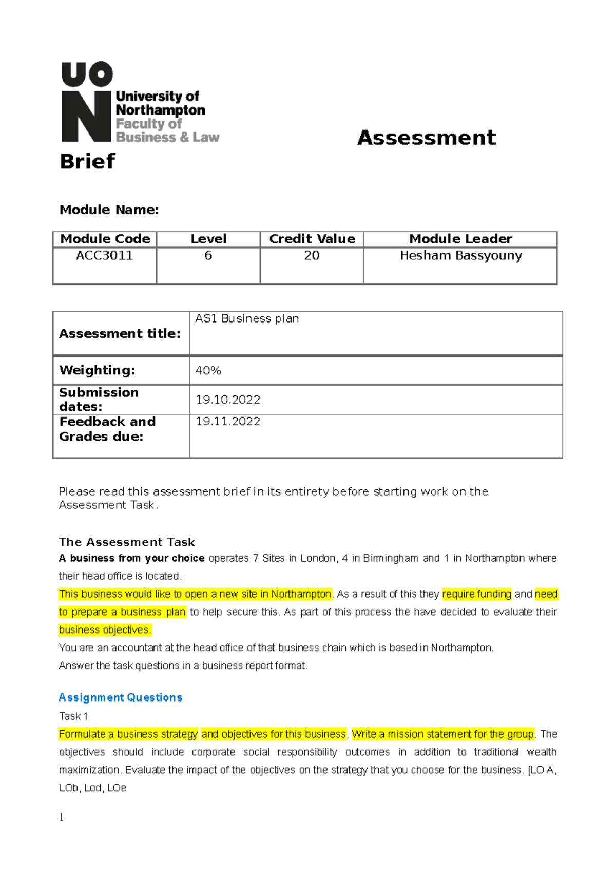 AS1-ACC3011 assignment 1- HB - Assessment Brief Module Name: Module Code Level Credit Value ...