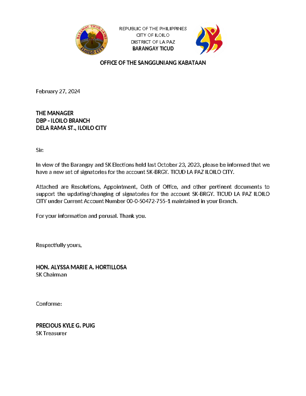 Copy of Sample Cover Letter (Change Signatories-Status 1) - REPUBLIC OF THE PHILIPPINES CITY OF ...