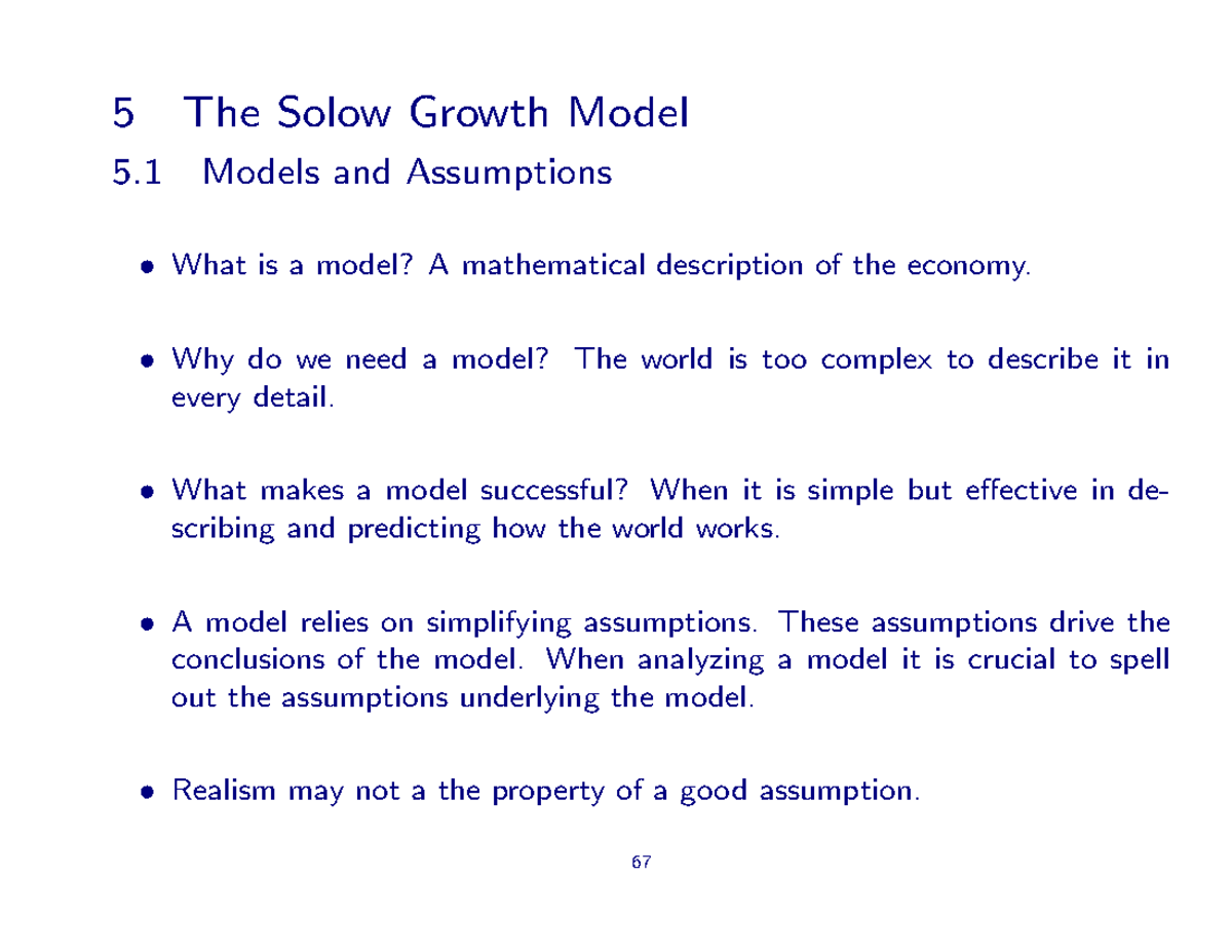 Grow5 solow - Notes - 5 The Solow Growth Model 5 Models and Assumptions ...