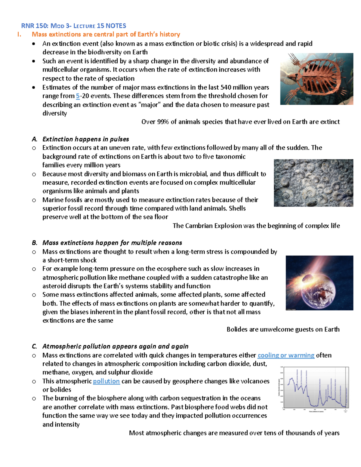 RNR 150- MOD 3- Lecture 15 Notes - I. Mass extinctions are central part ...