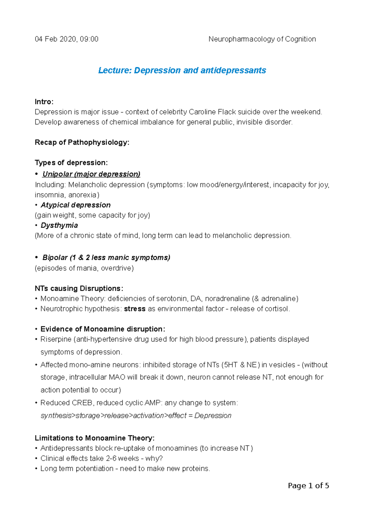Depression - revision lecture notes - 04 Feb 2020, 09:00 ...