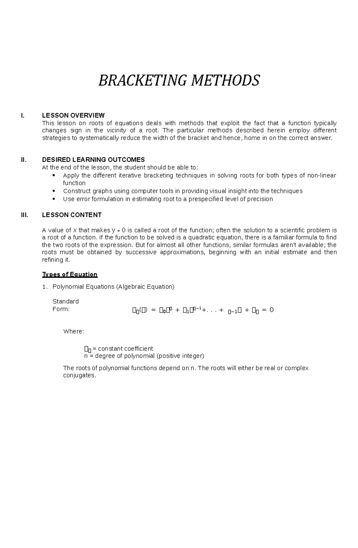 Module 1 Bracketing Methods Bracketing Methods I Lesson Overview This Lesson On Roots Of 9422