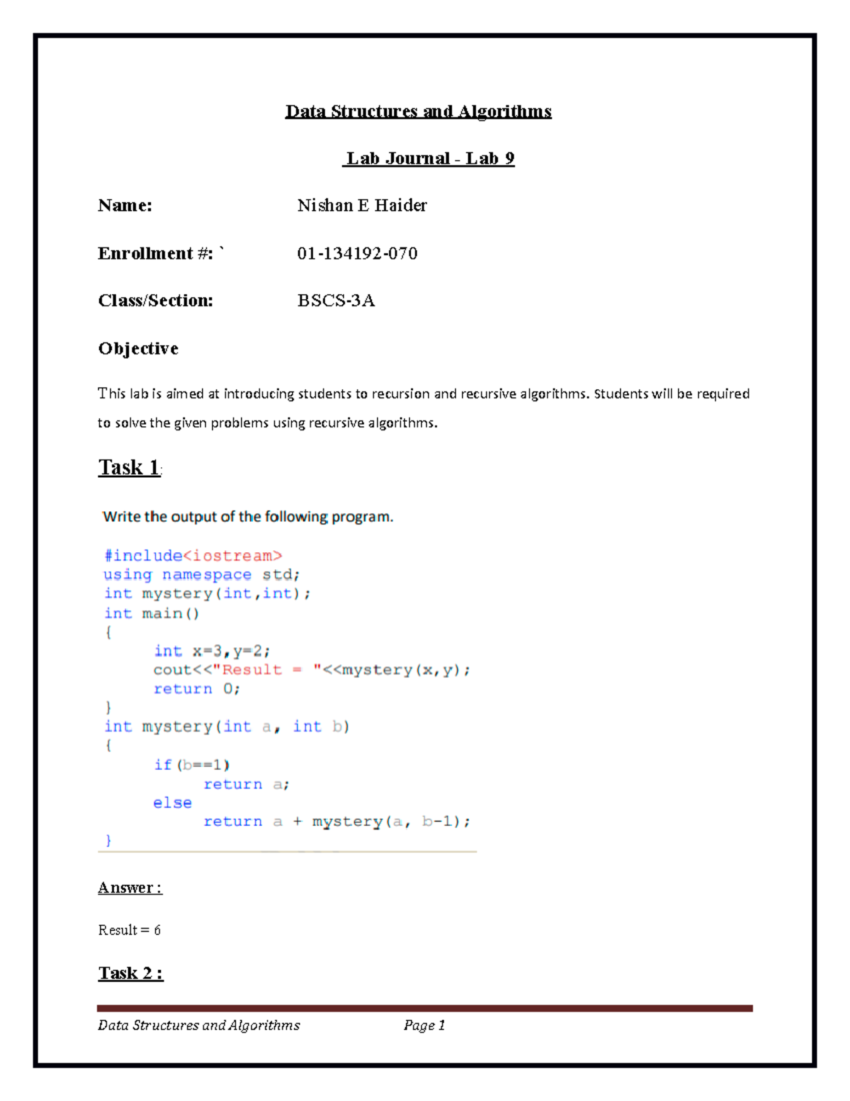 J10 - Journal - Data Structures and Algorithms Lab Journal - Lab 9 Name ...