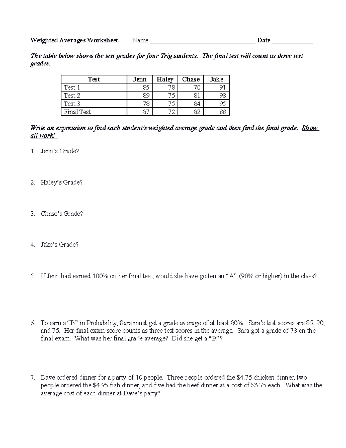 2.3 - Weighted average practice ws 2b - Weighted Averages Worksheet ...