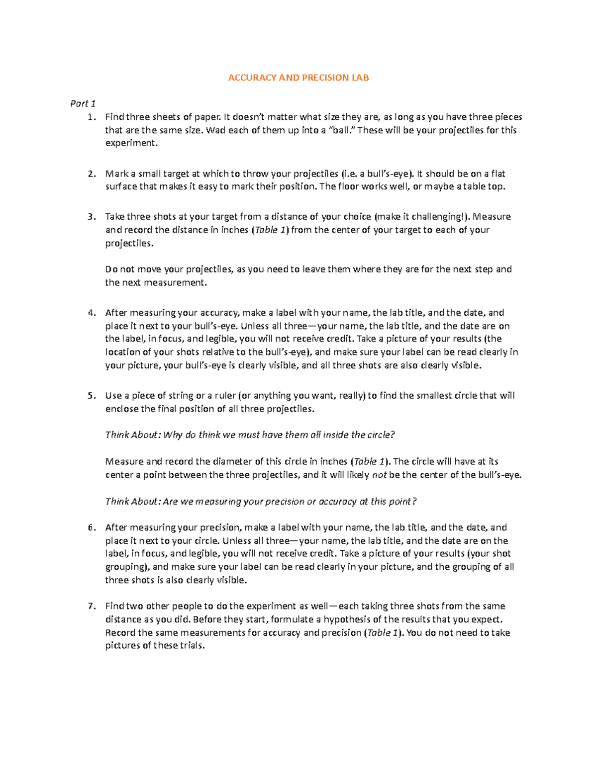 Accuracy and Precision-1 - ACCURACY AND PRECISION LAB Part 1 1. Find ...