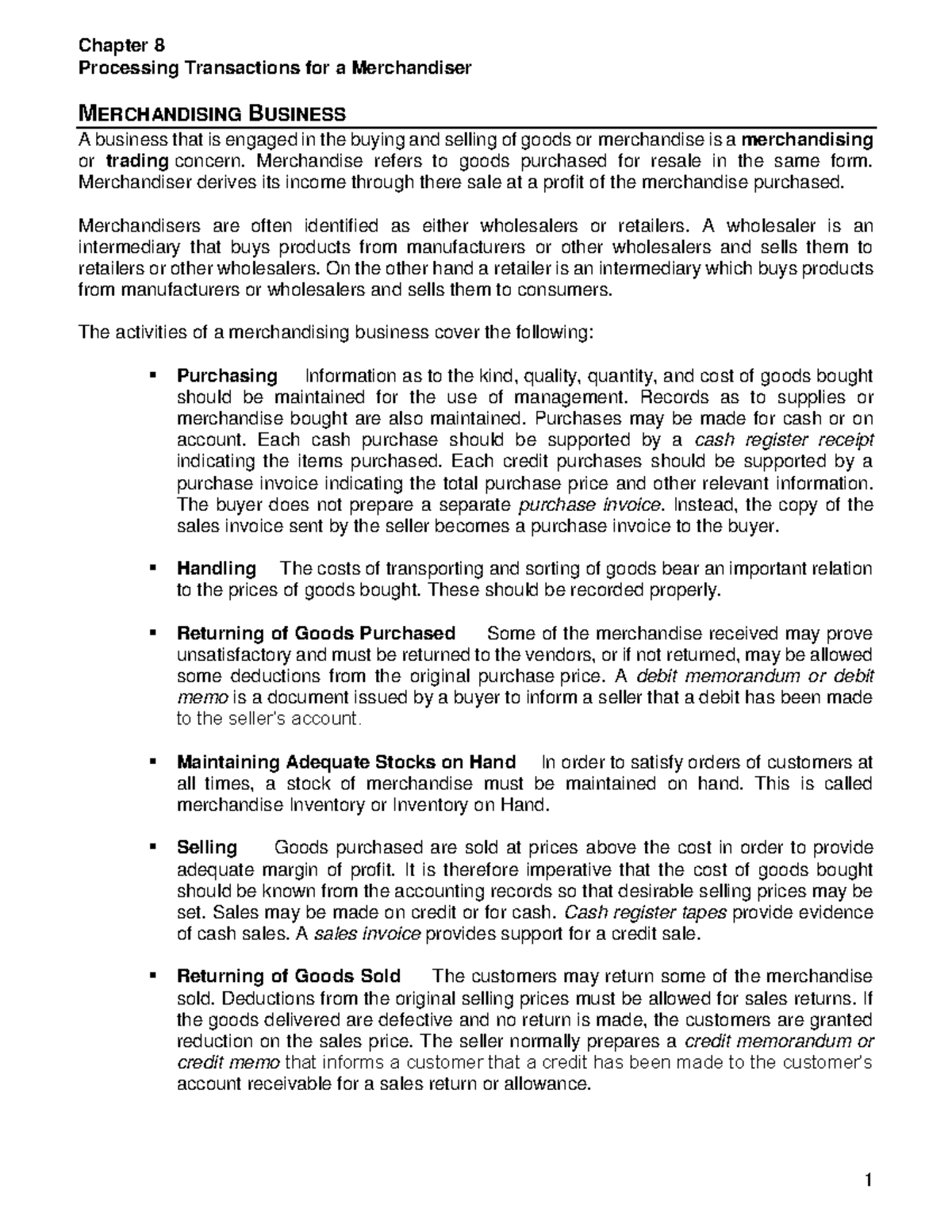 Ch08 Processing Transactions for a Merchandiser - Processing ...