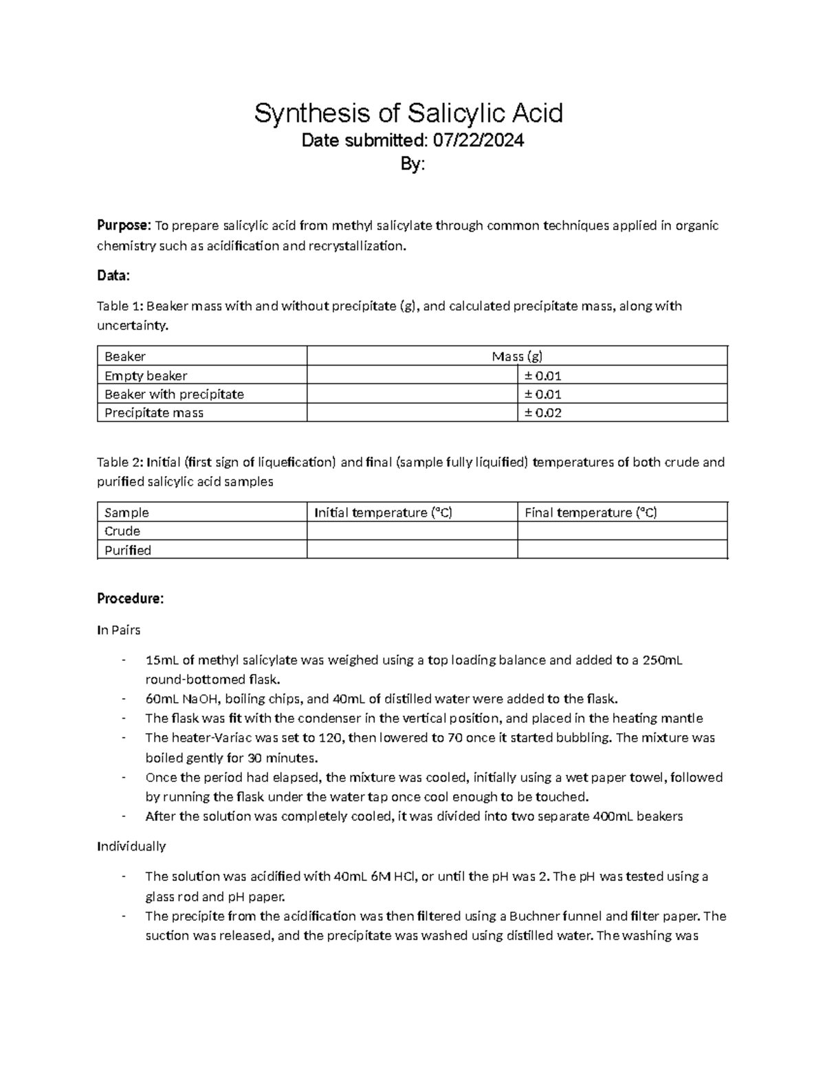 Salcylic acid prelab - Synthesis of Salicylic Acid Date submitted: 07 ...