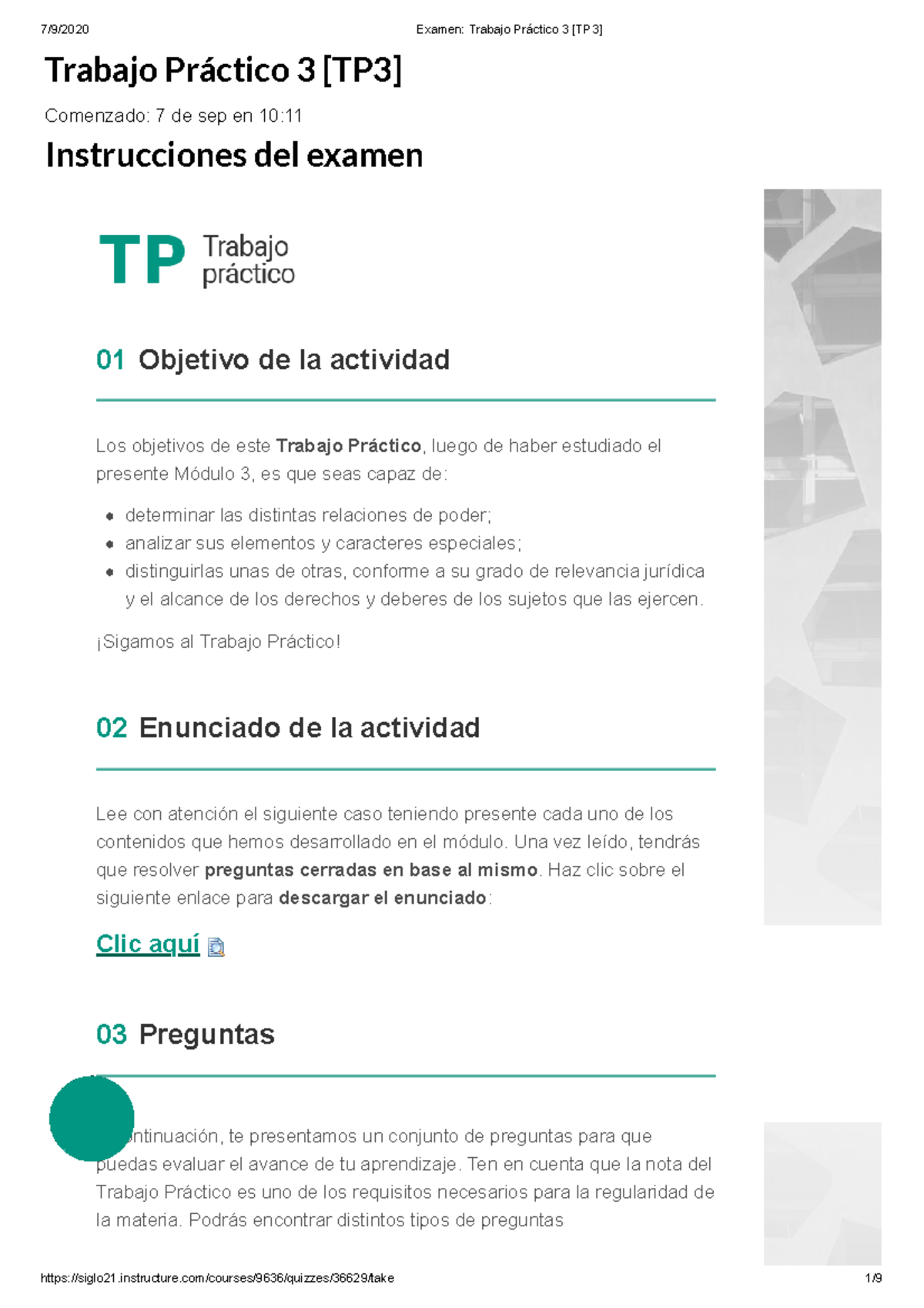 Examen Trabajo Pr Ã¡ctico 3 [TP3] - Trabajo Práctico 3 [TP3] Comenzado: 7 de sep en 10: - Studocu
