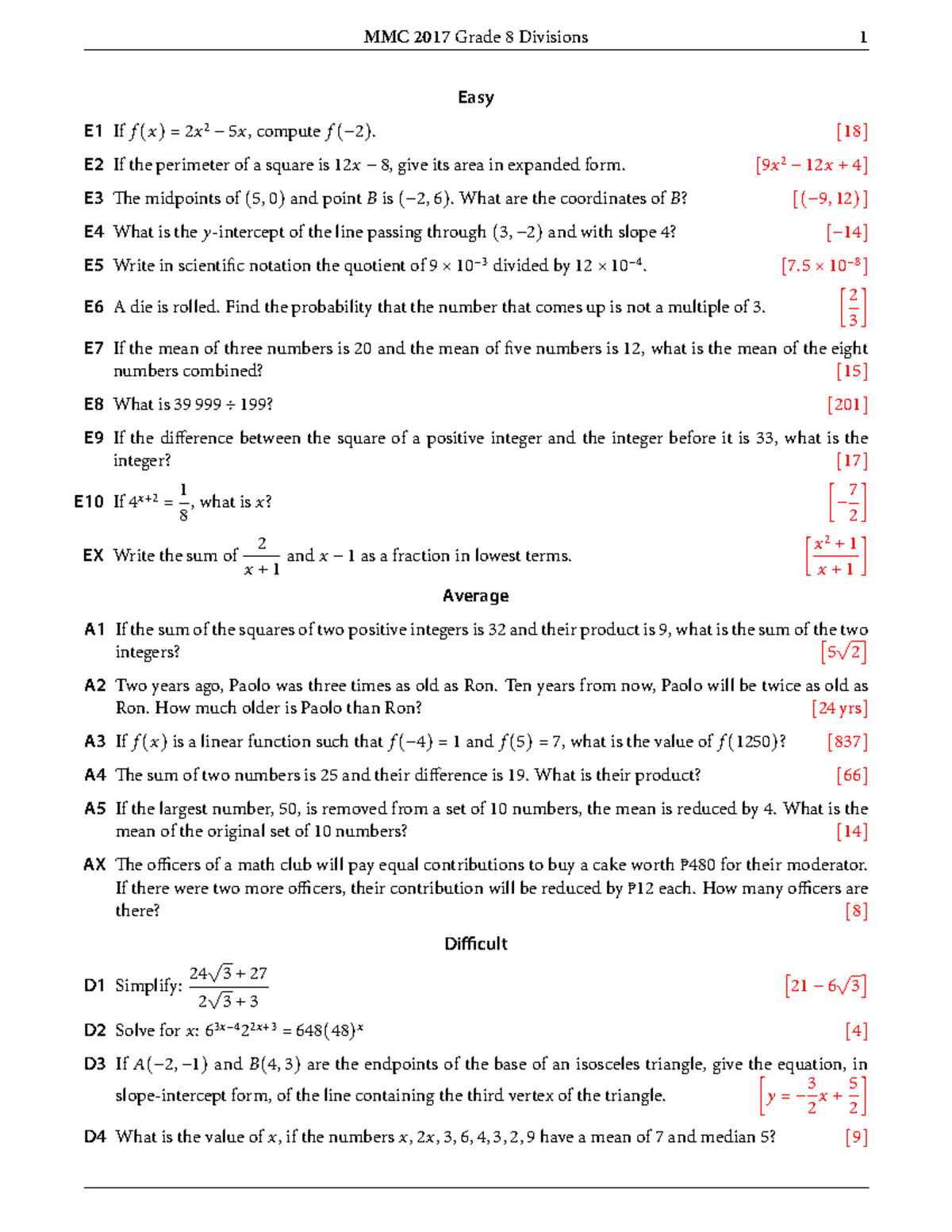 MMC 2017 Gr8 Div - MMC 2017 Grade 8 Divisions 1 Easy E 1 If f (x) = 2 x ...