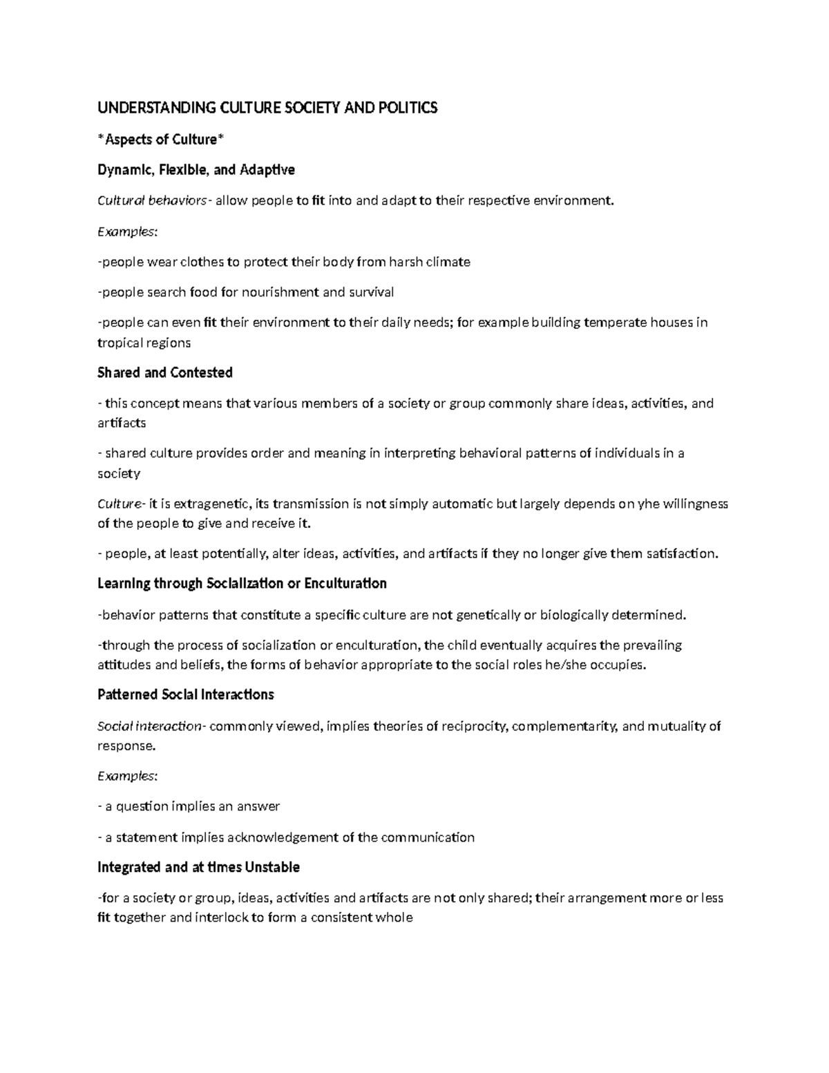 UCSP Notes - UNDERSTANDING CULTURE SOCIETY AND POLITICS Aspects of ...