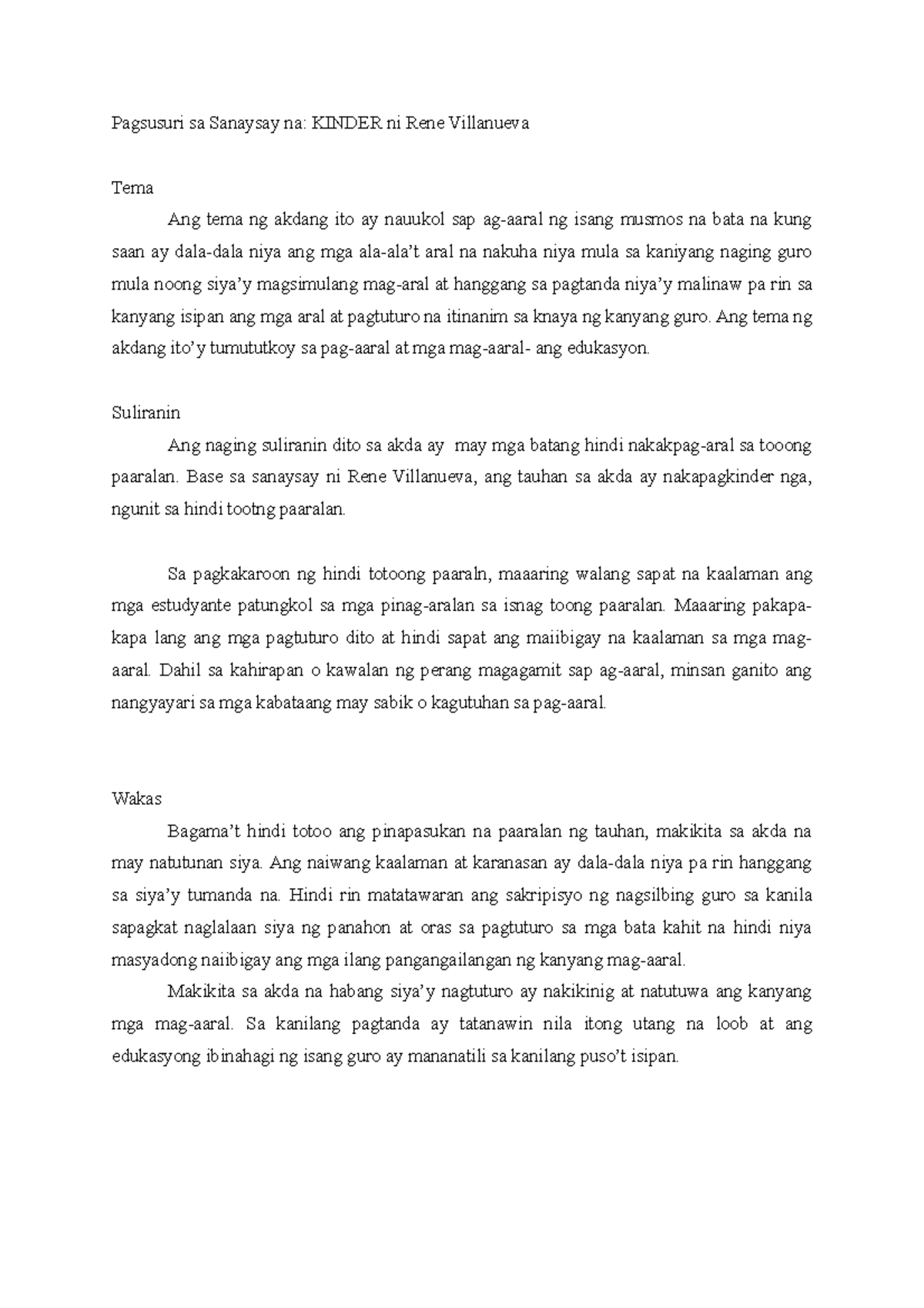 Pagsusuri ng Sanaysay - Ang tema ng akdang ito’y tumututkoy sa pag ...