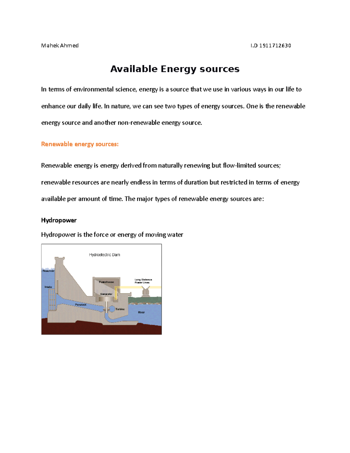 ENV107.13 Available Energy Sources - Mahek Ahmed I 1911712630 Available ...