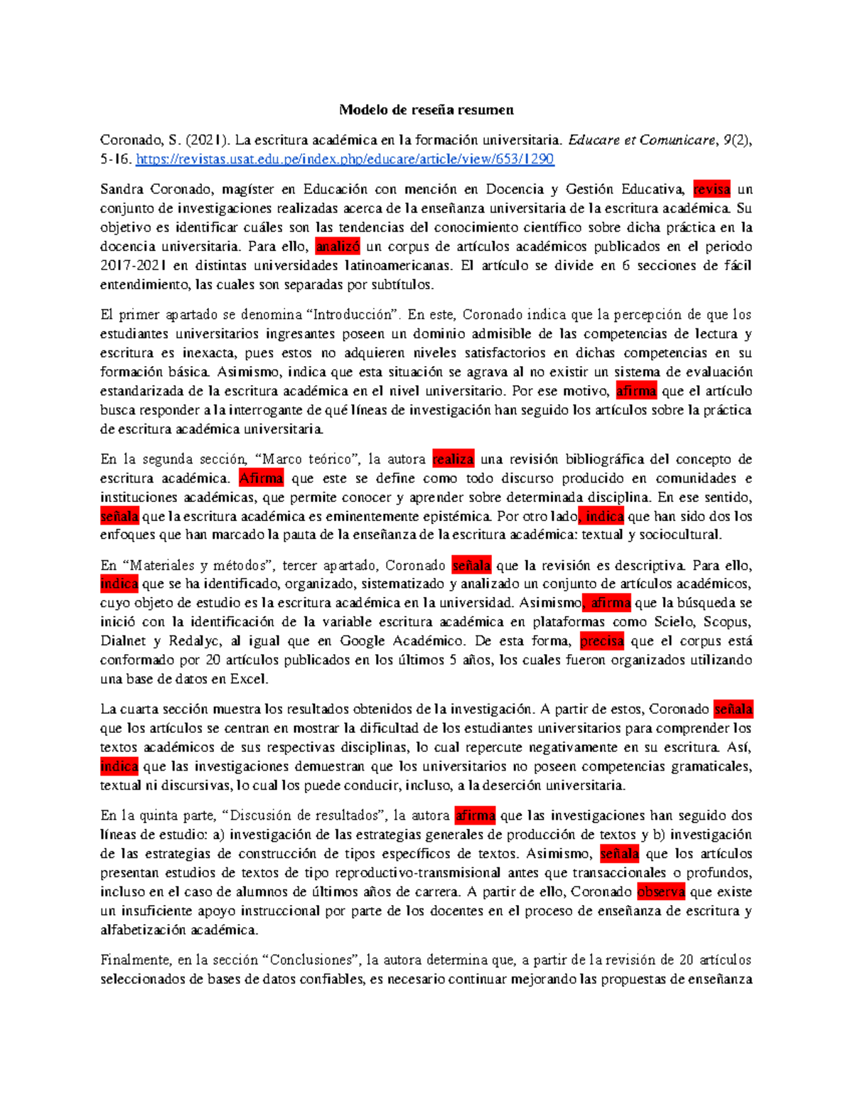 Reseña resumen - Modelo de reseña resumen Coronado, S. (2021). La ...
