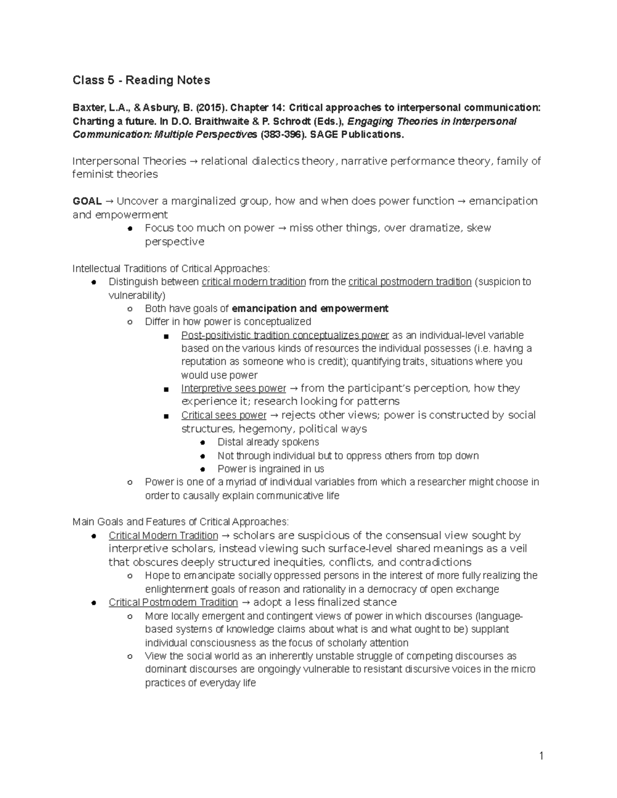 Class 5 - Reading Notes - Class 5 - Reading Notes Baxter, L., & Asbury ...
