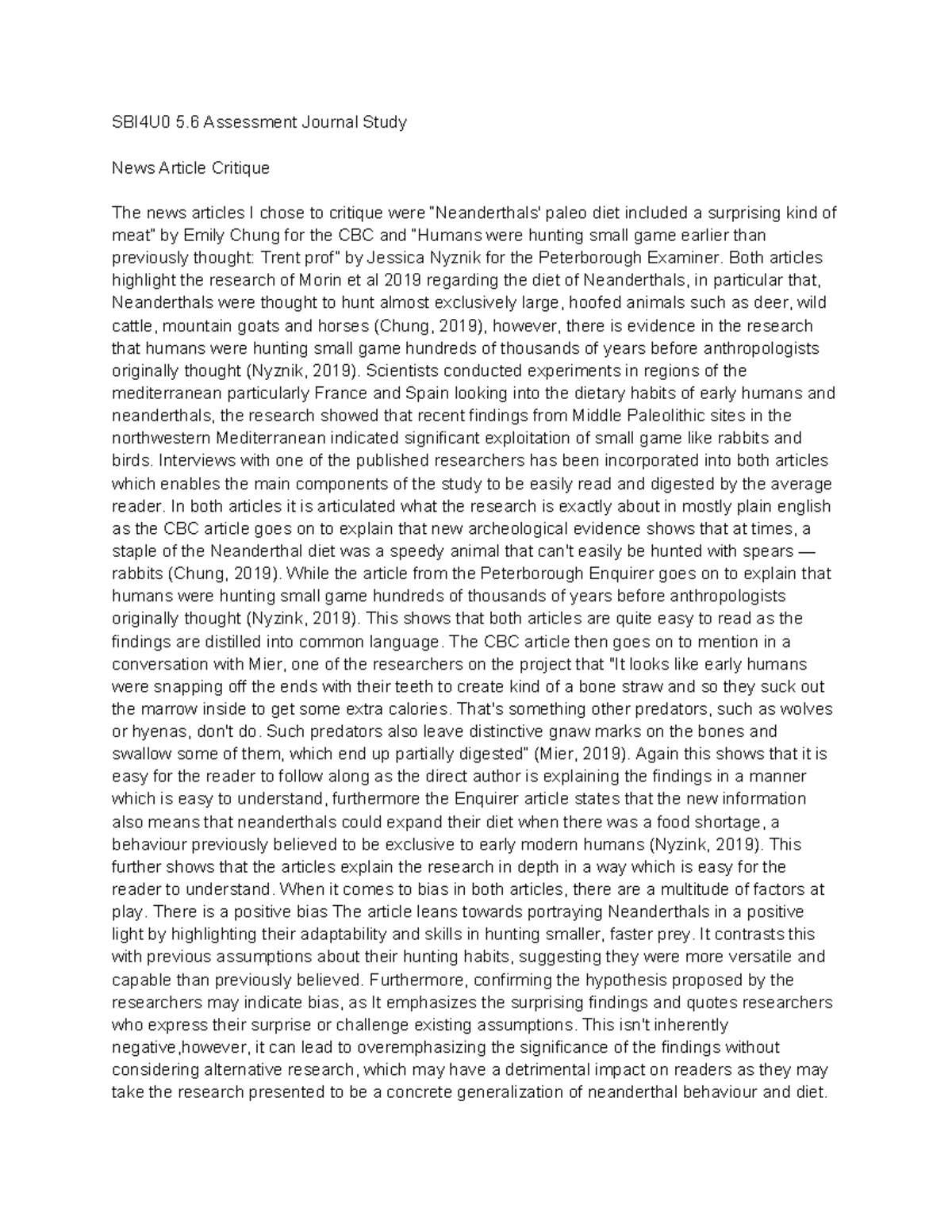 SBI4U0 5.6 Assessment Journal Study - Both articles highlight the ...