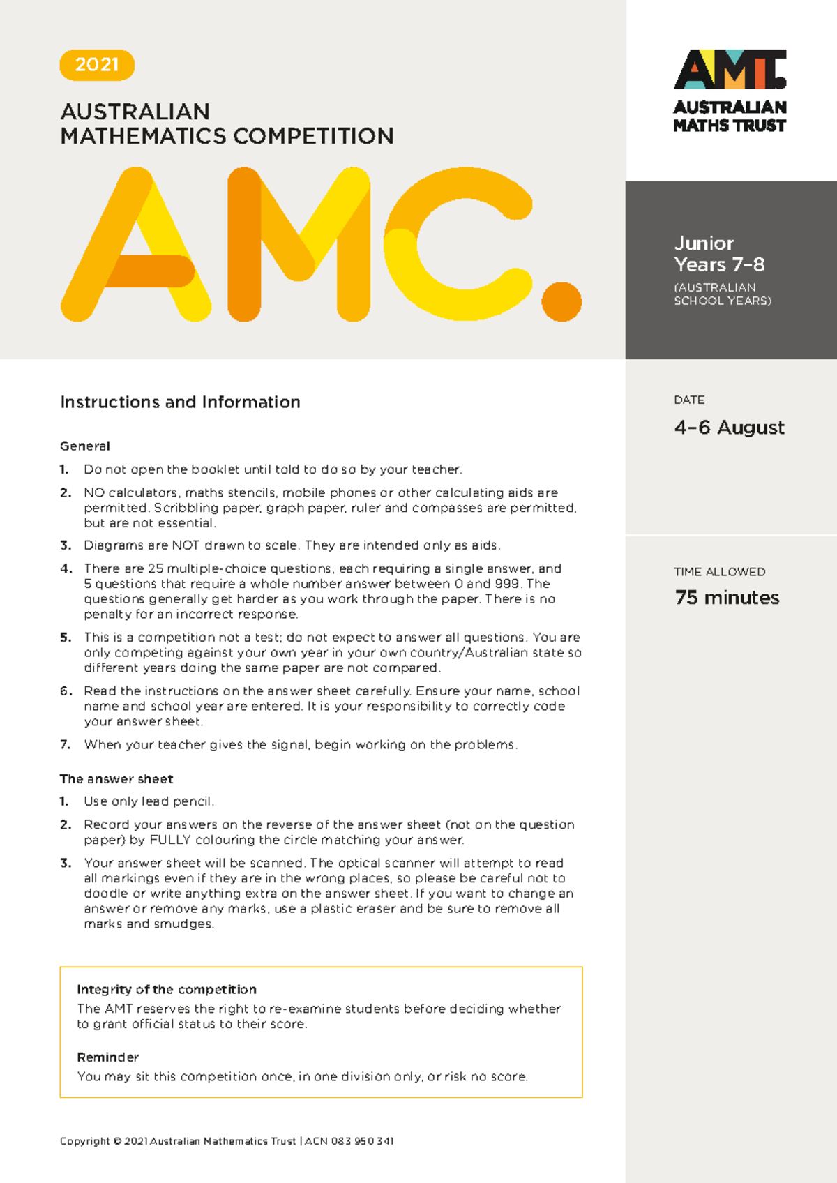 2021 AMC Junior - MATH - 20202021 AUSTRALIAN MATHEMATICS COMPETITION ...