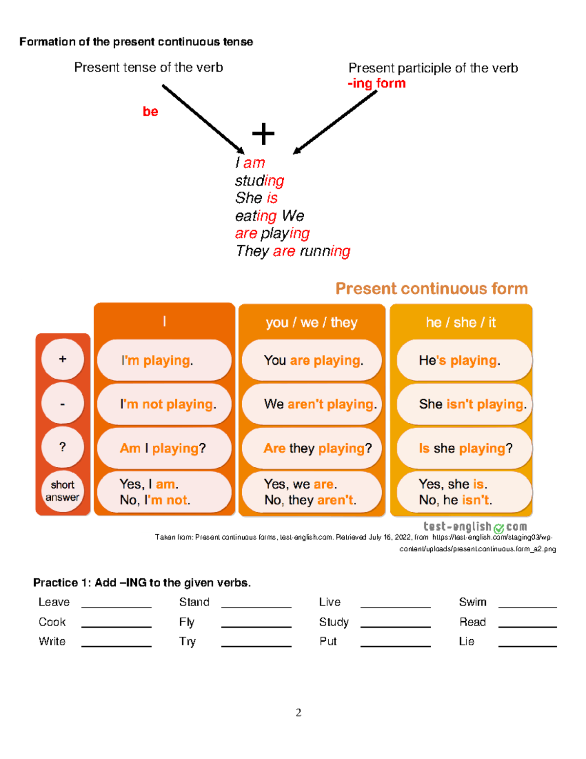 Unit 1, lesson 1 (activities) - Formation of the present continuous ...