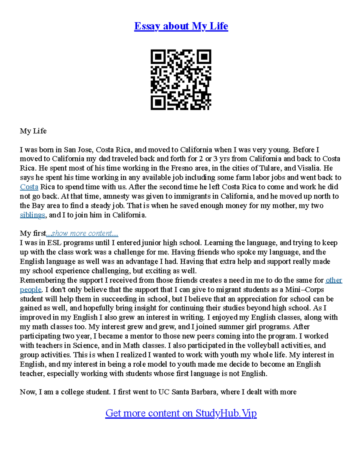 Examples Of Essay About Life - Essay about My Life My Life I was born ...