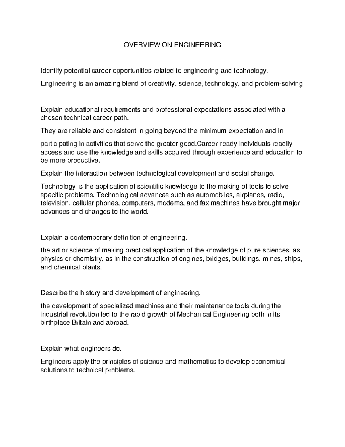 Overview ON Engineering - OVERVIEW ON ENGINEERING Identify potential ...