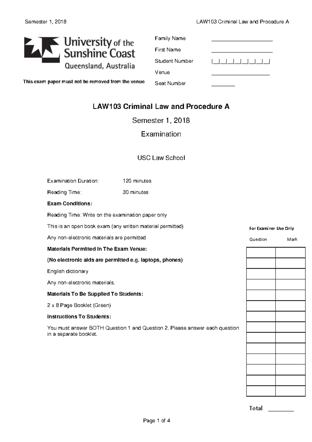 2018 Exam - LAW103 Criminal Law and Procedure. - Semester 1, 2018 ...