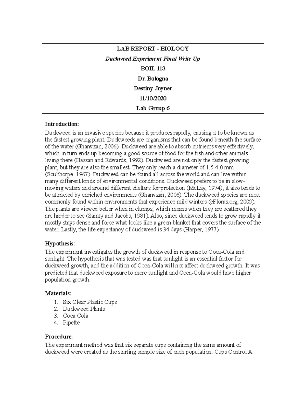 Duckweed Final Lab Write Up - LAB REPORT - BIOLOGY Duckweed Experiment ...