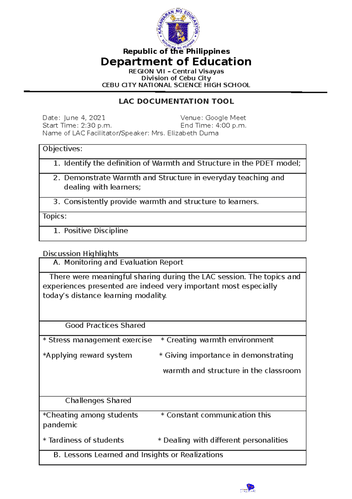 Group 4 LAC Documentation Session 1 - Department of Education REGION ...