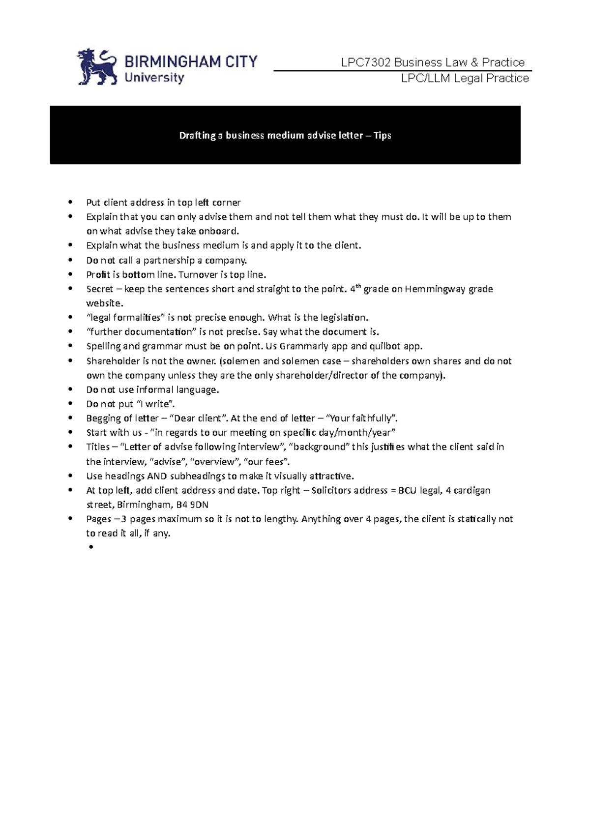 Drafting a business medium advise letter Tips - LPC7302 Business Law ...