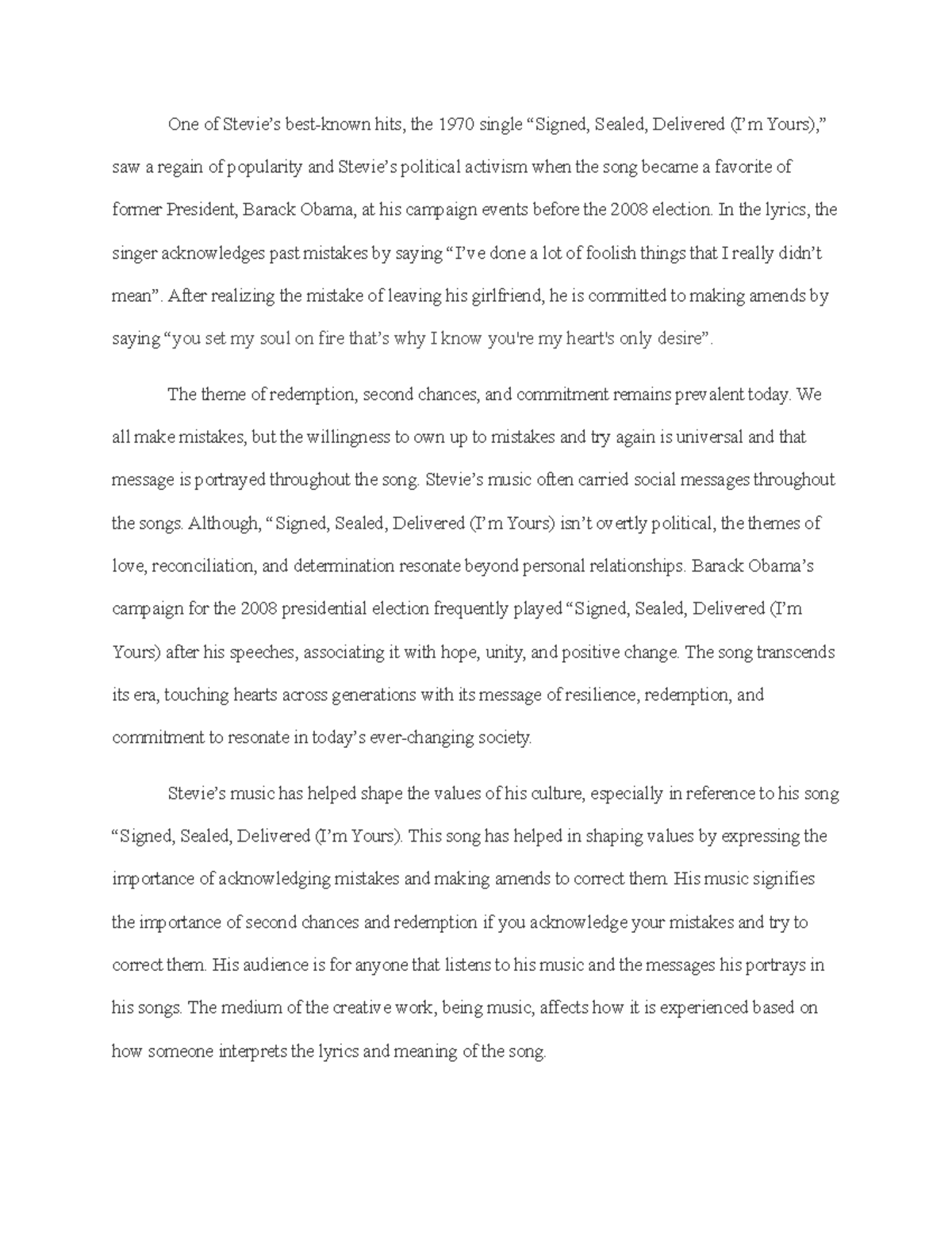 HUM 215 Module Four Project Draft Two - One of Stevie’s best-known hits ...