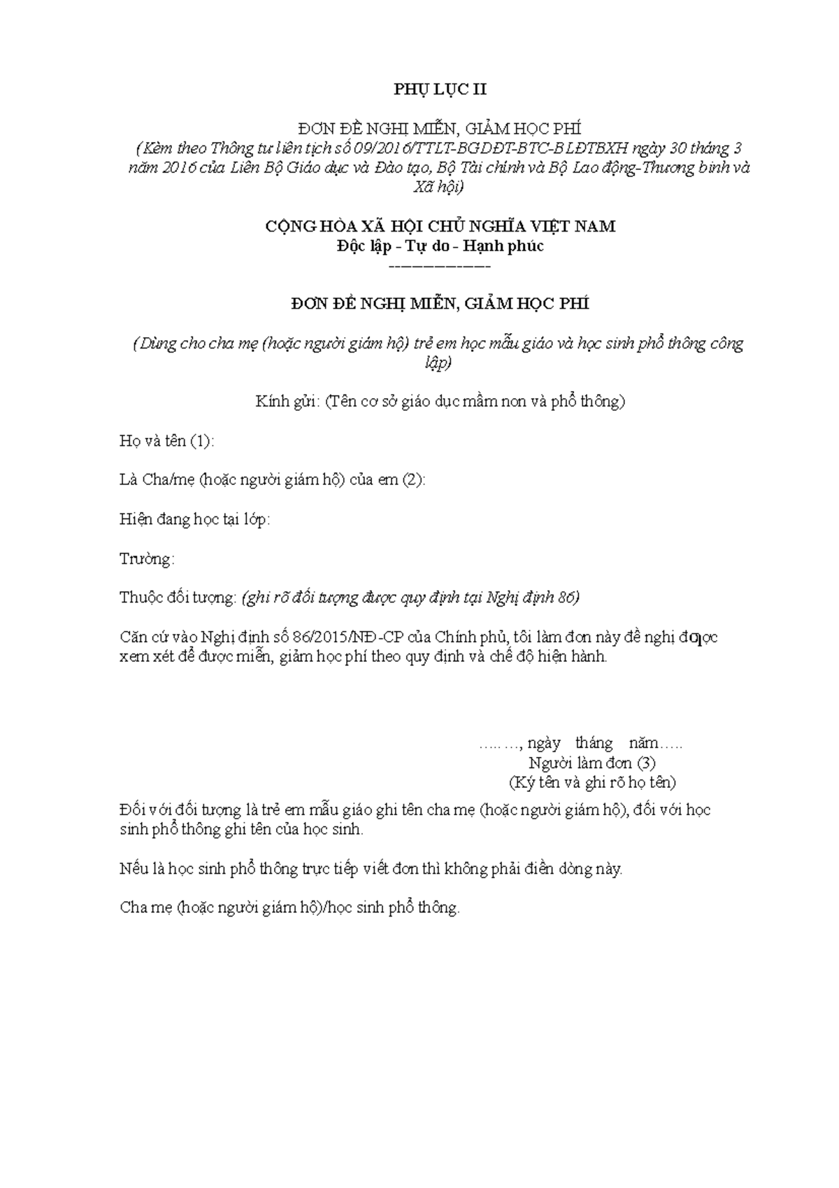 PHỤ LỤC Đề nghị miễn giảm học phí - PHỤ LỤC II ĐƠN ĐỀ NGHỊ MIỄN, GIẢM ...
