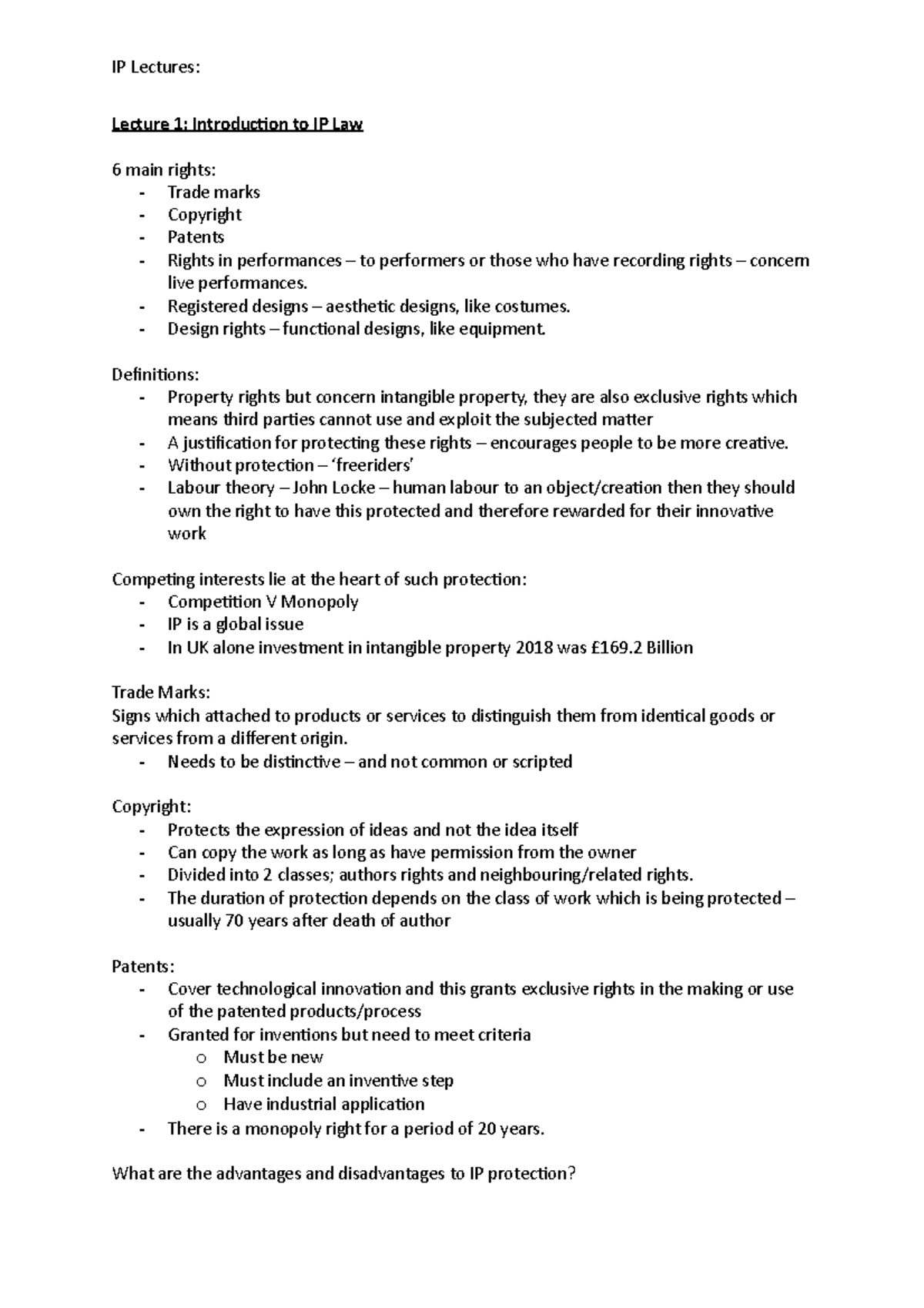 Intellectual property Lectures - Lecture 1: Introduction to IP Law 6 main rights: - Trade marks ...