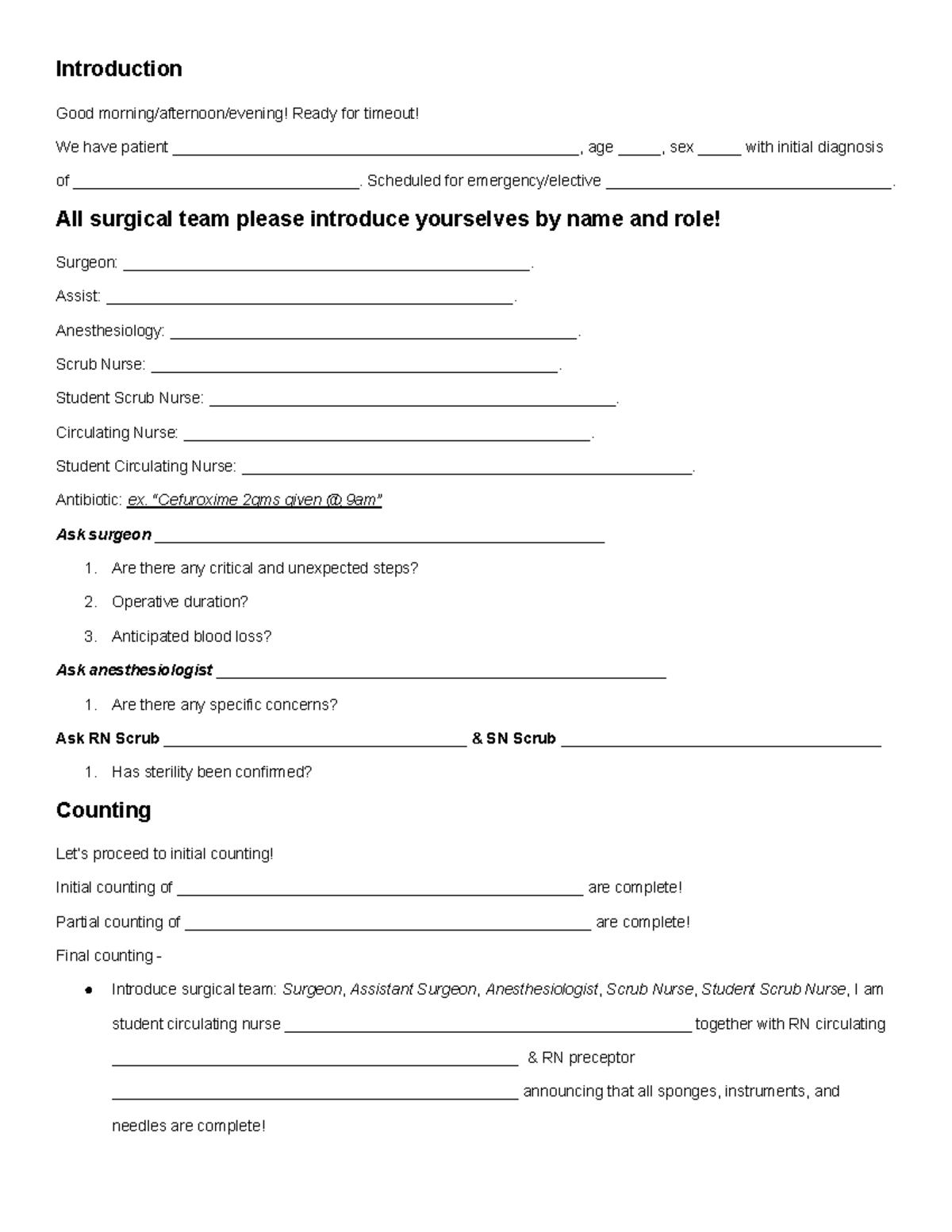 Circulating Nurse Template - Introduction Good morning/afternoon ...