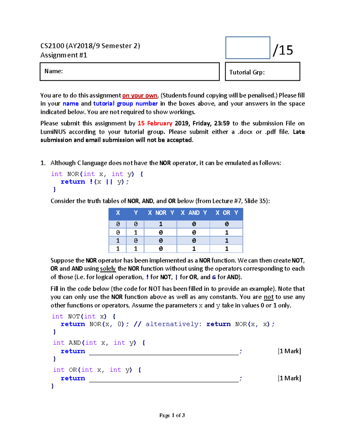 Assignment 1 Assign1 Warning Tt Undefined Function 32 Page 1 Of 3 Cs2100 Ay20189