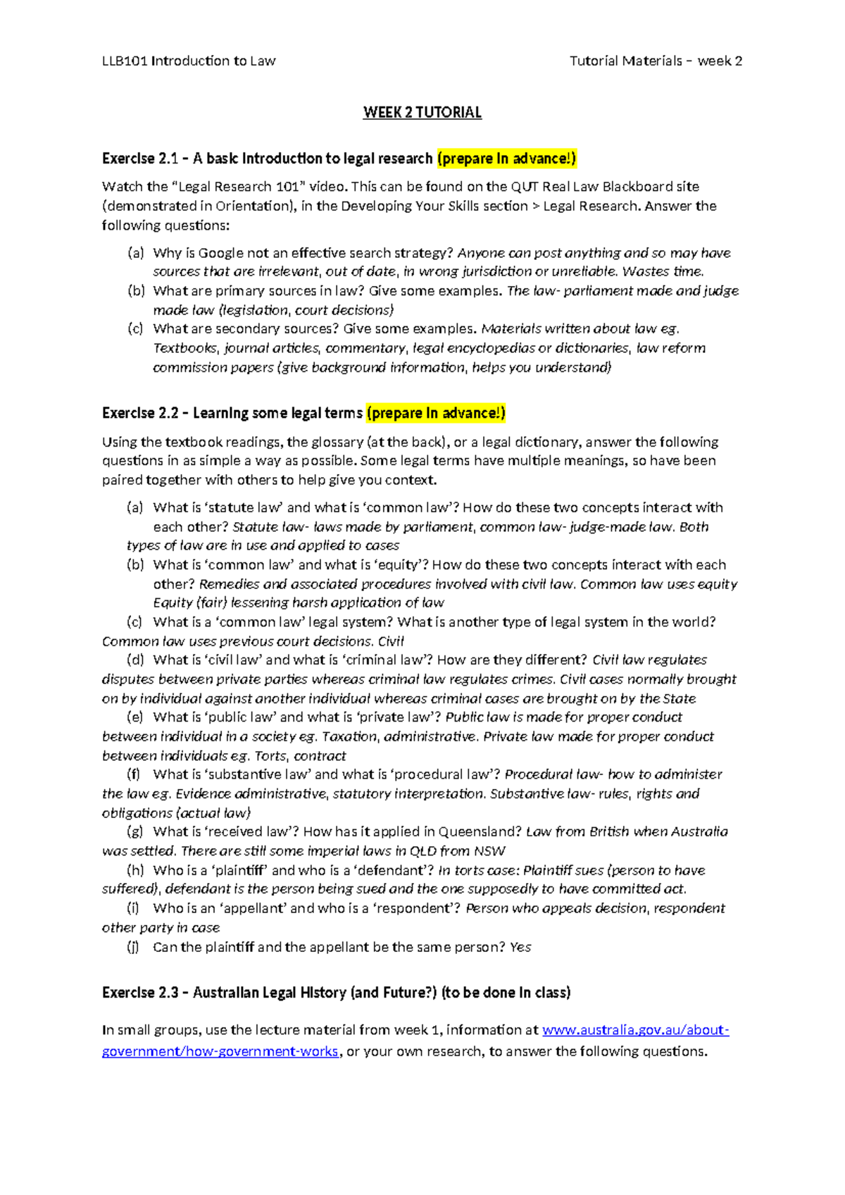 WEEK 2 Tutorial - LLB101 Introduction to Law Tutorial Materials – week 2 WEEK 2 TUTORIAL ...