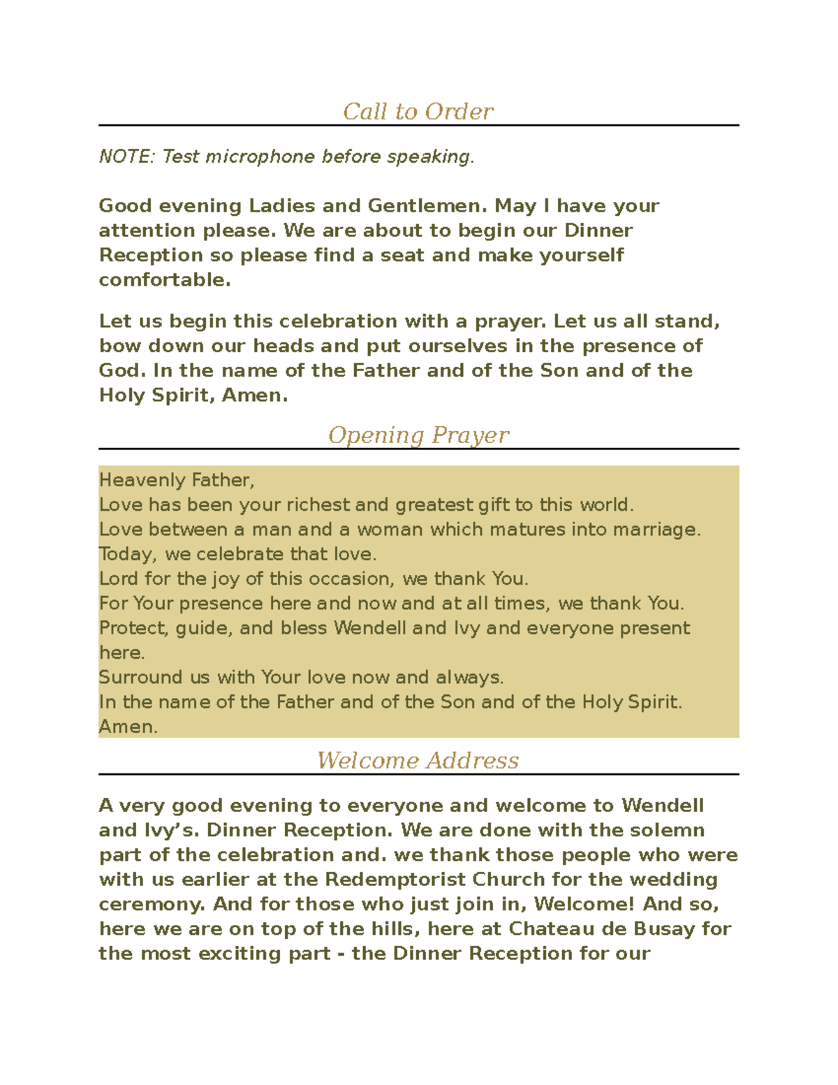 Wedding Script for new normal - Call to Order NOTE: Test microphone ...