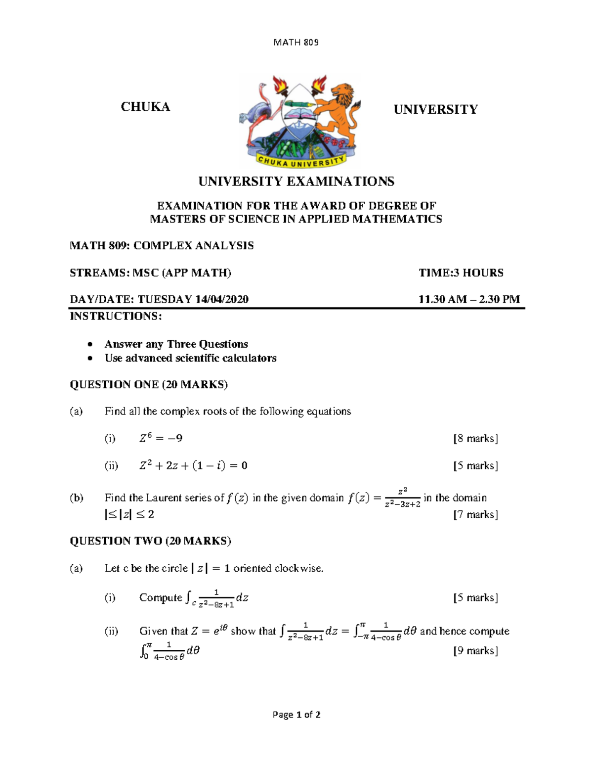 MATH 809 (2) - Copy - exam paper - MATH 809 Page 1 of 2 CHUKA ...