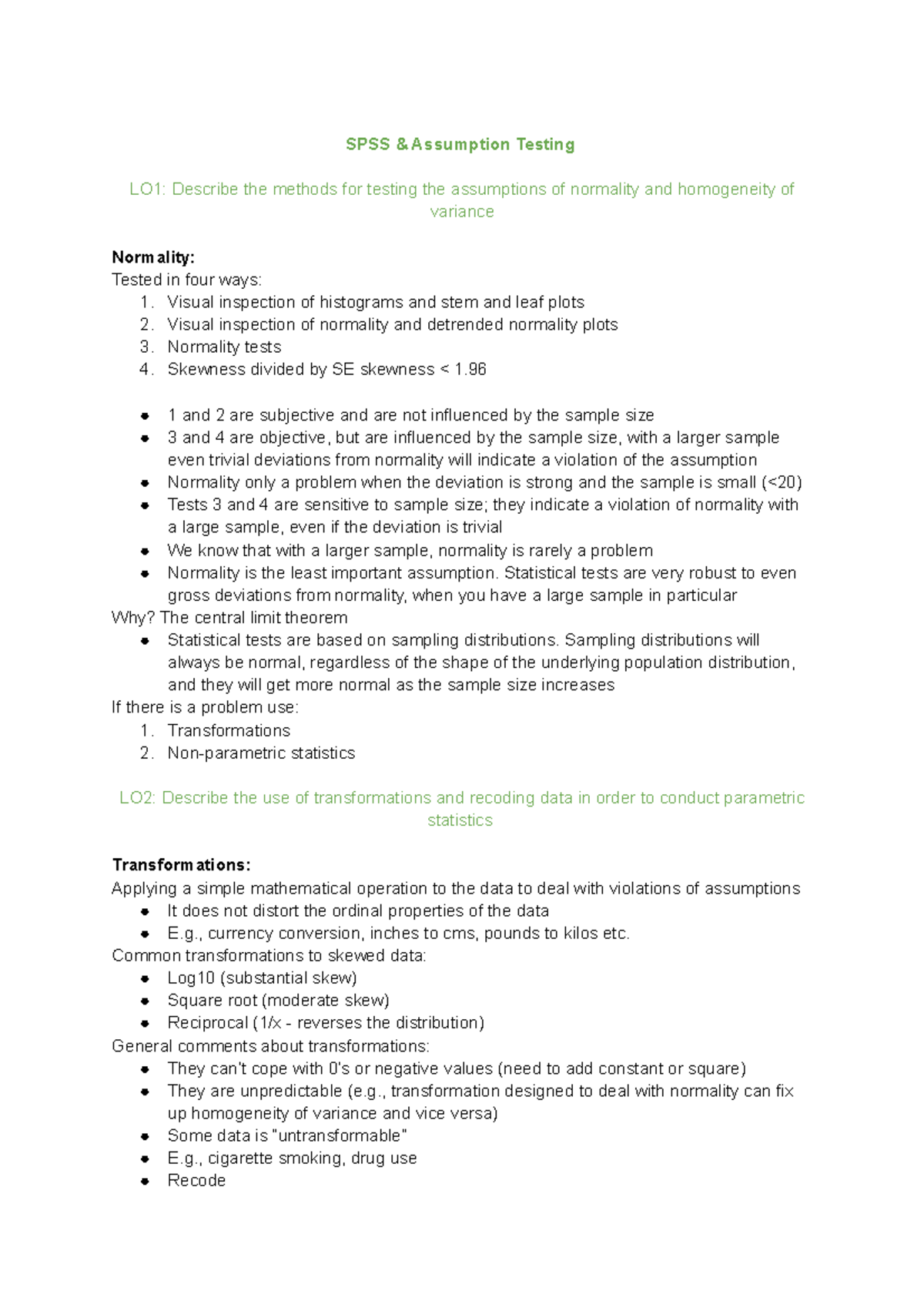Spss Assumption Testing Spss And Assumption Testing Lo1 Describe The Methods For Testing The