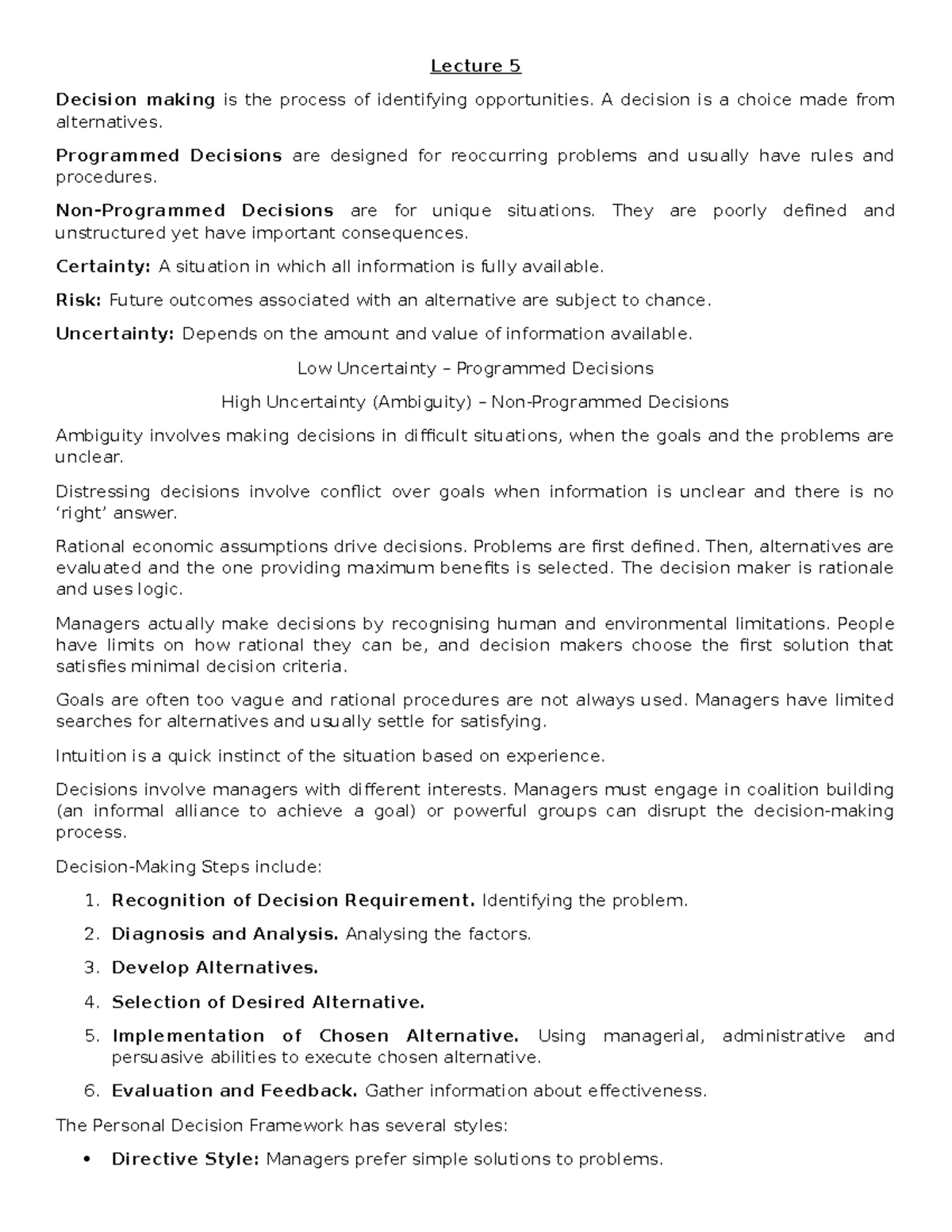 Lecture 5 - Decision Making - Lecture 5 Decision making is the process ...