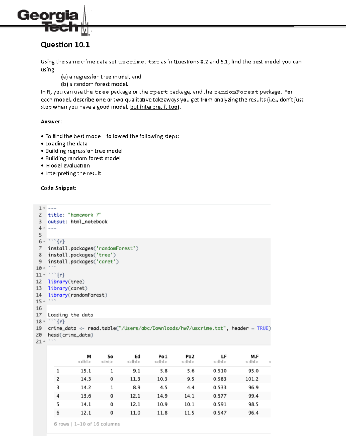 Homework 7 - Ques%on 10. Using the same crime data set uscrime as in ...