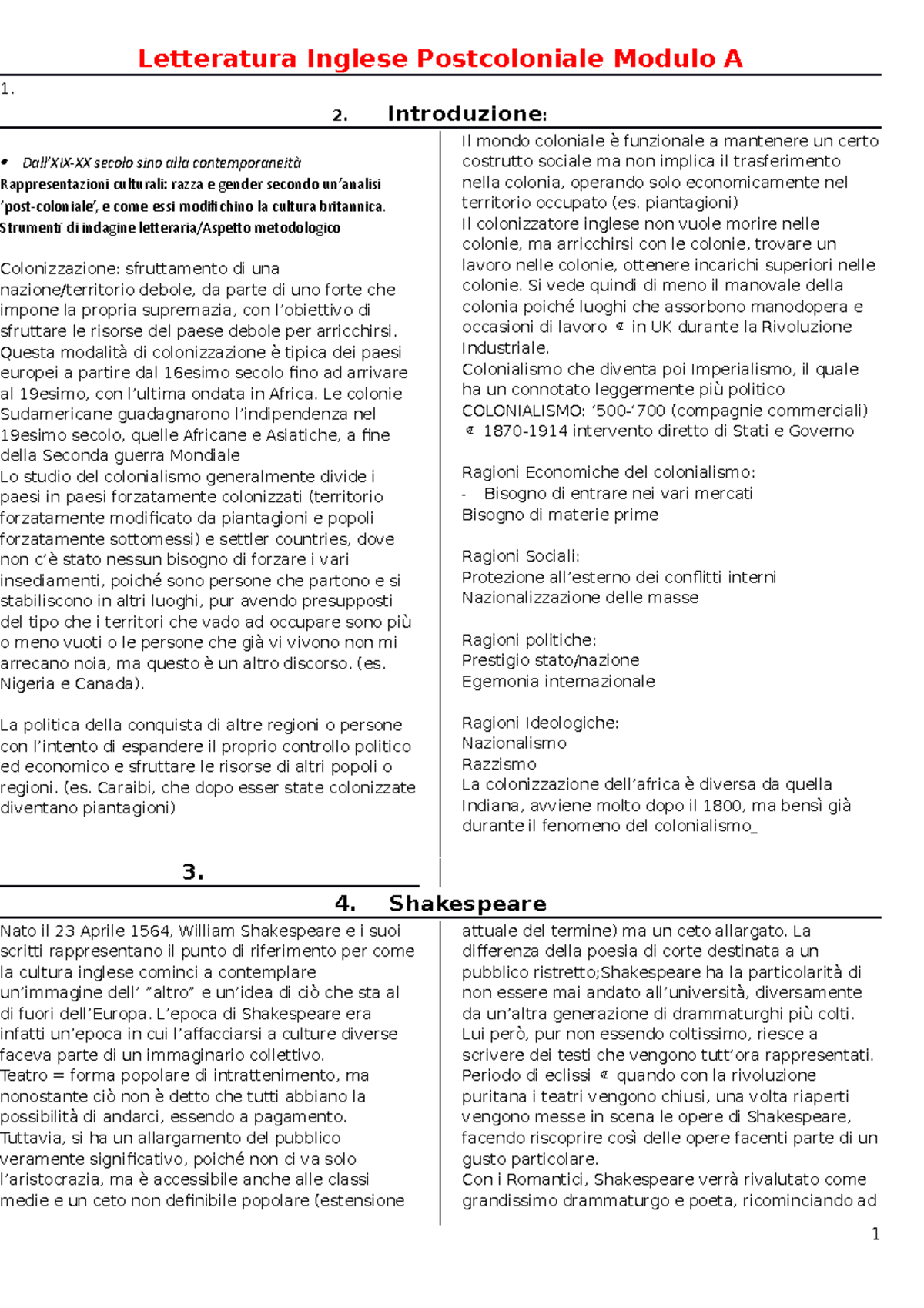 Letteratura inglese post coloniale 1 - Letteratura Inglese Postcoloniale Modulo A 1. 2. - Studocu