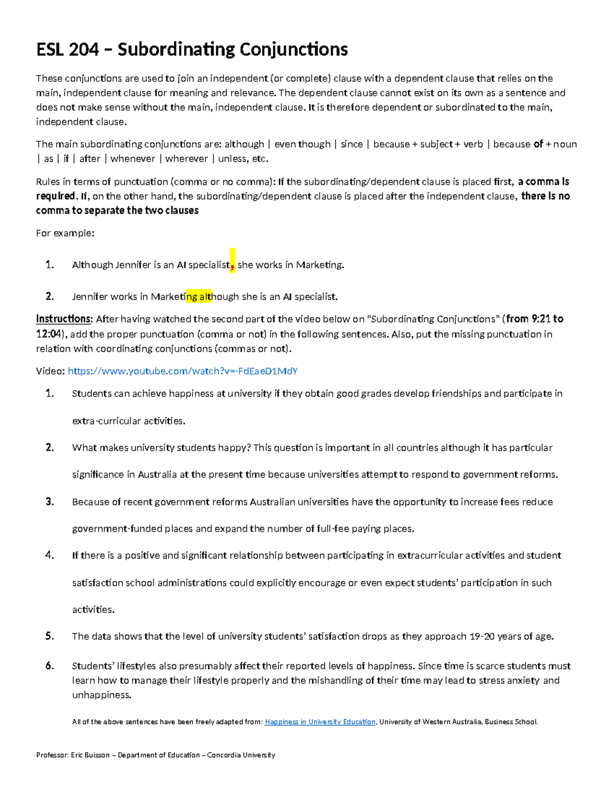 ESL 204 Subordinating Conjunctions - ESL 204 – Subordinating ...