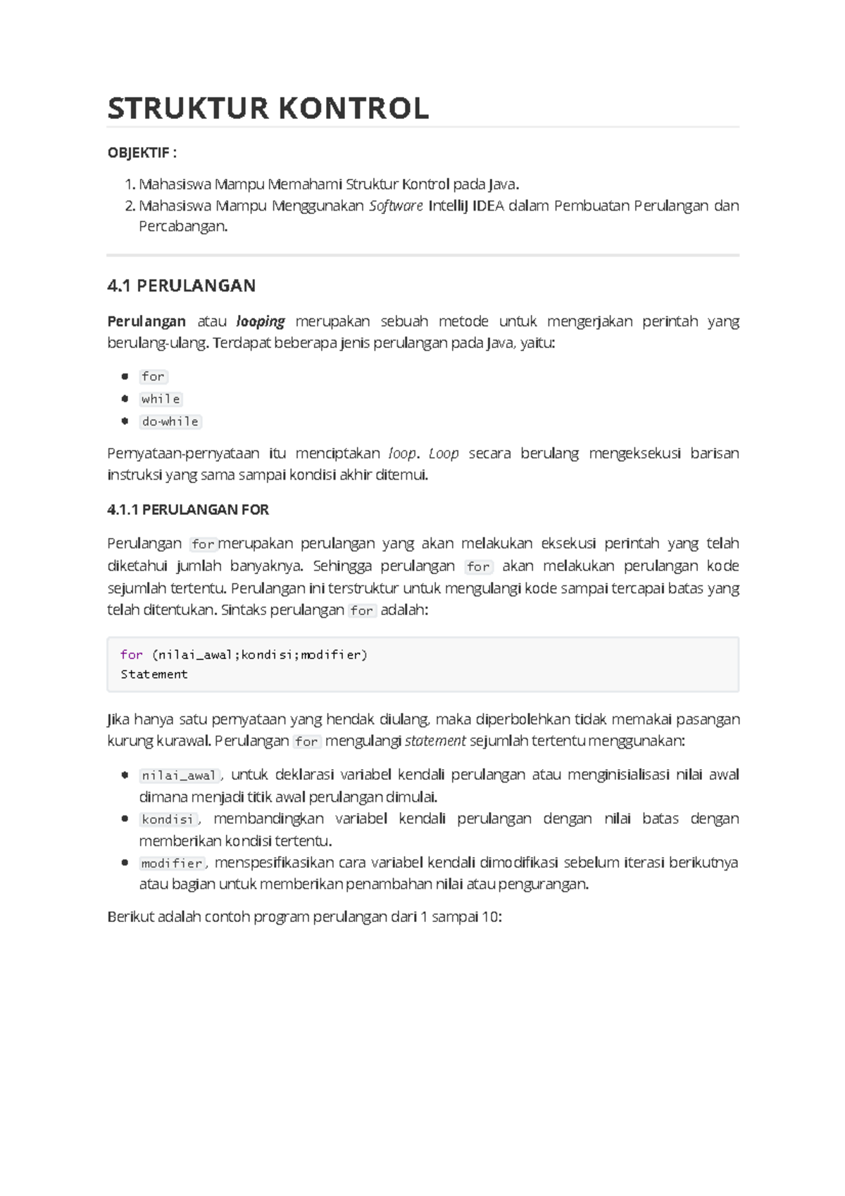 Topik 4. Struktur Kontrol - STRUKTUR KONTROL OBJEKTIF : 1. Mahasiswa ...