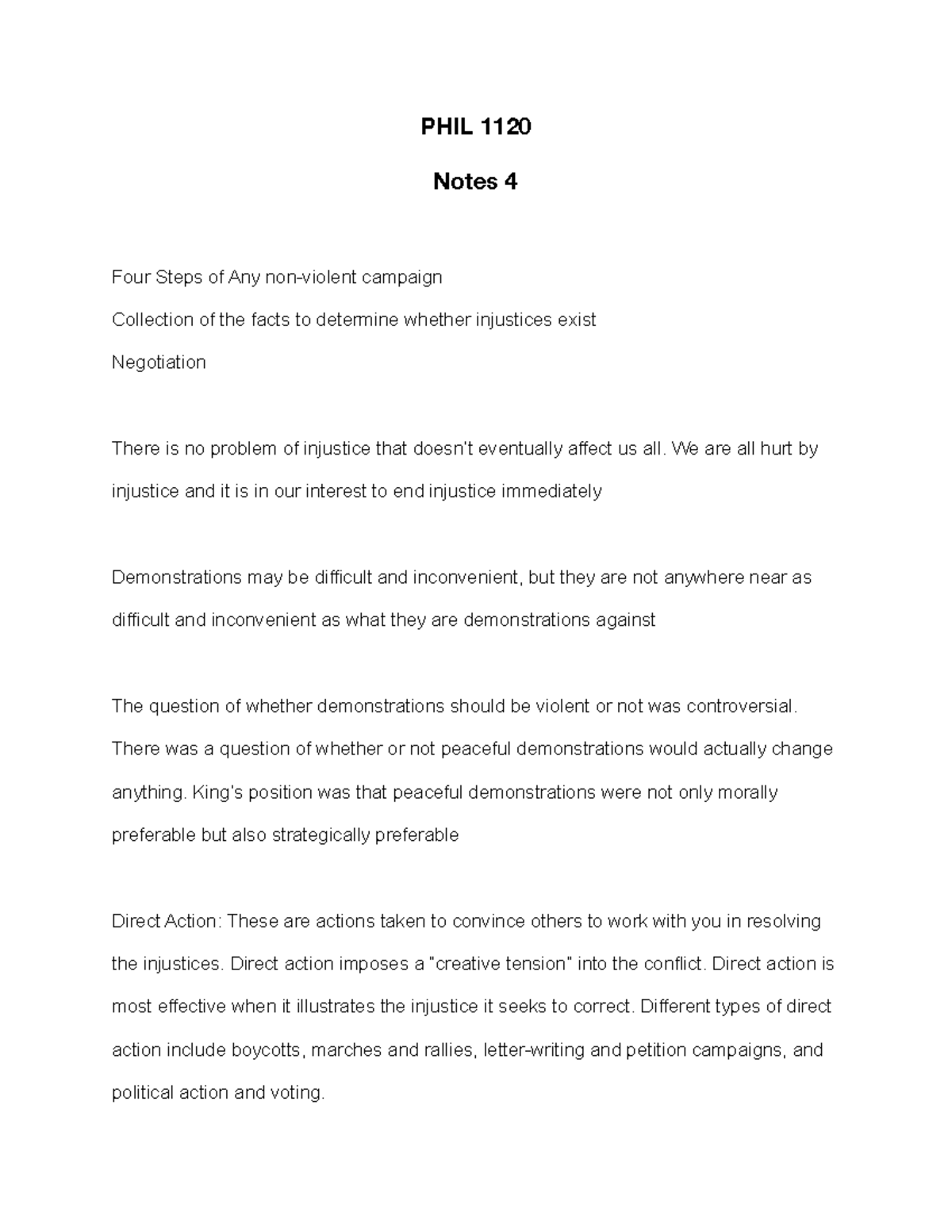 PHIL 1120 Notes 4 - PHIL 1120 Notes 4 Four Steps of Any non-violent ...