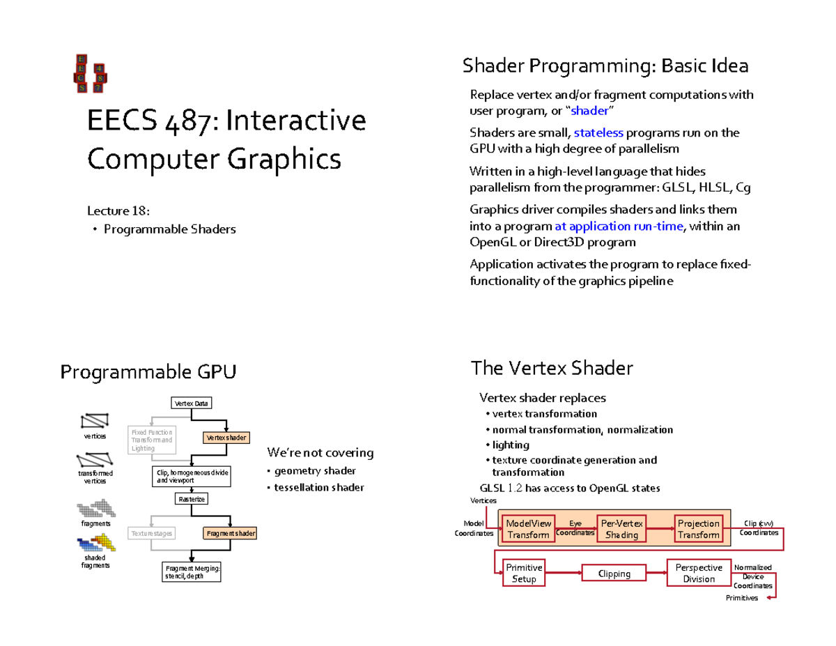 Lecture Notes Lecture 18 Shader Programming Basic Idea Eecs 487 Interactive Computer