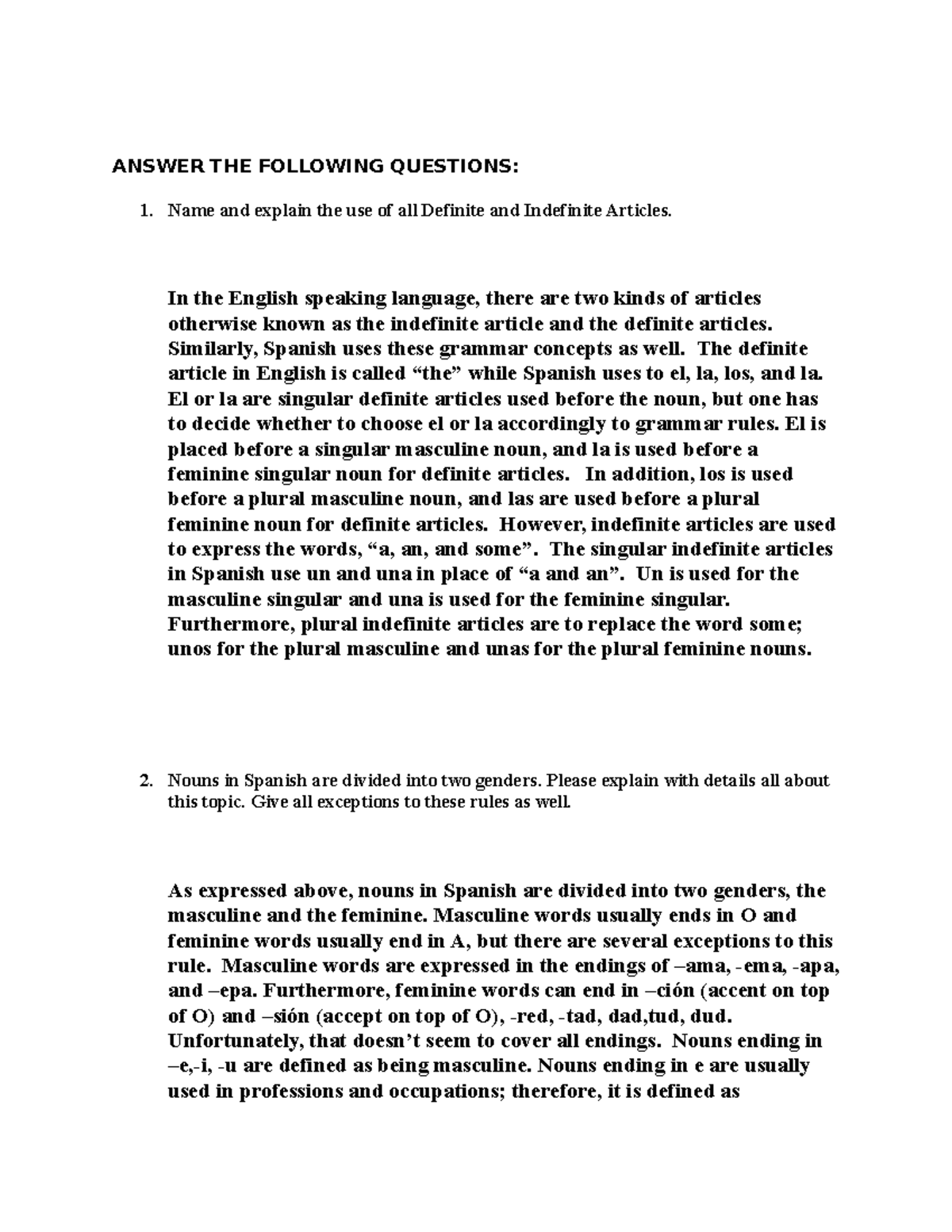 Spanish 1 study guide overview - ANSWER THE FOLLOWING QUESTIONS: 1 ...