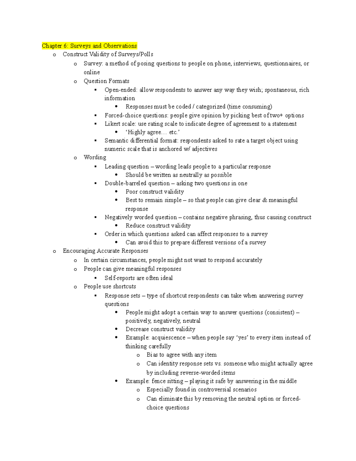 Unit 2 Notes - Chapter 6: Surveys and Observations o Construct Validity ...