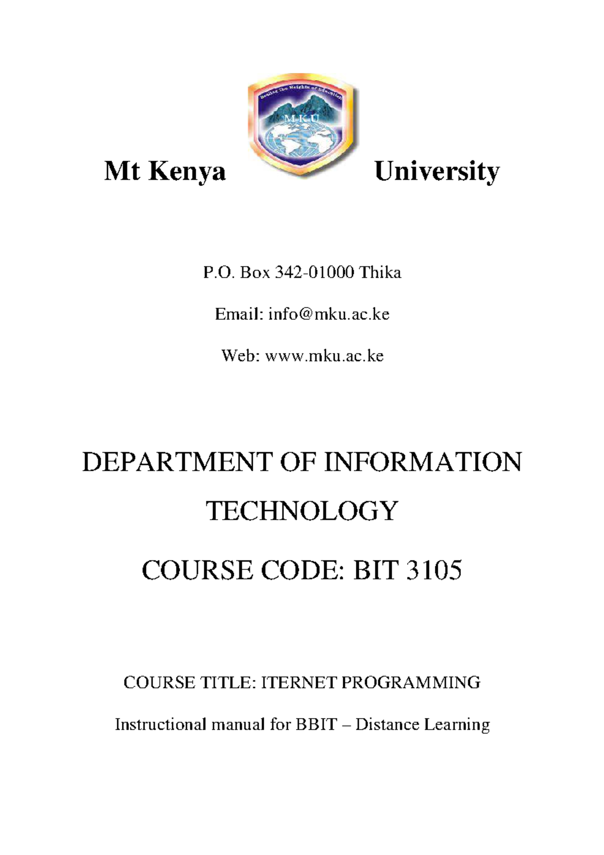 BIT 3105 Internet Programming - Mt Kenya University P. Box 342-01000 ...