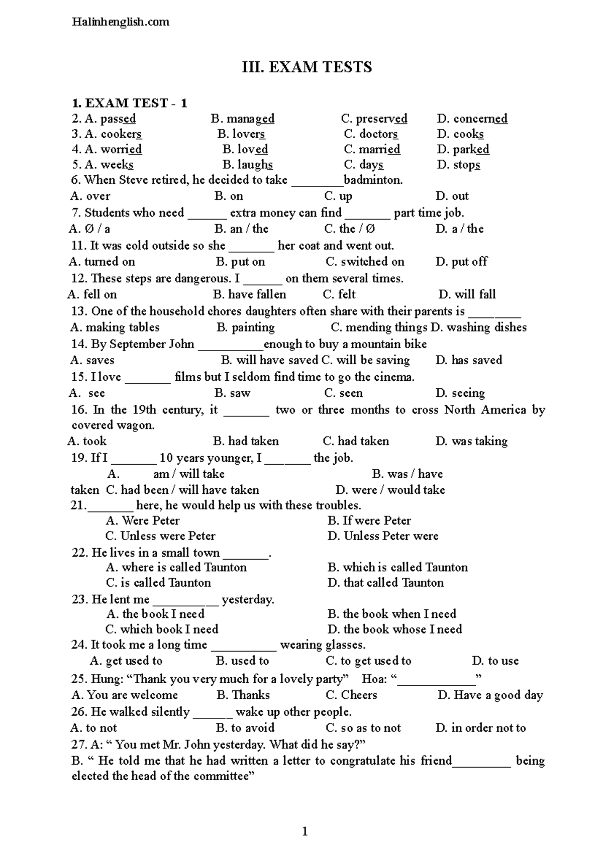 5 Tests - for those who want to improve english - III. EXAM TESTS 1 ...