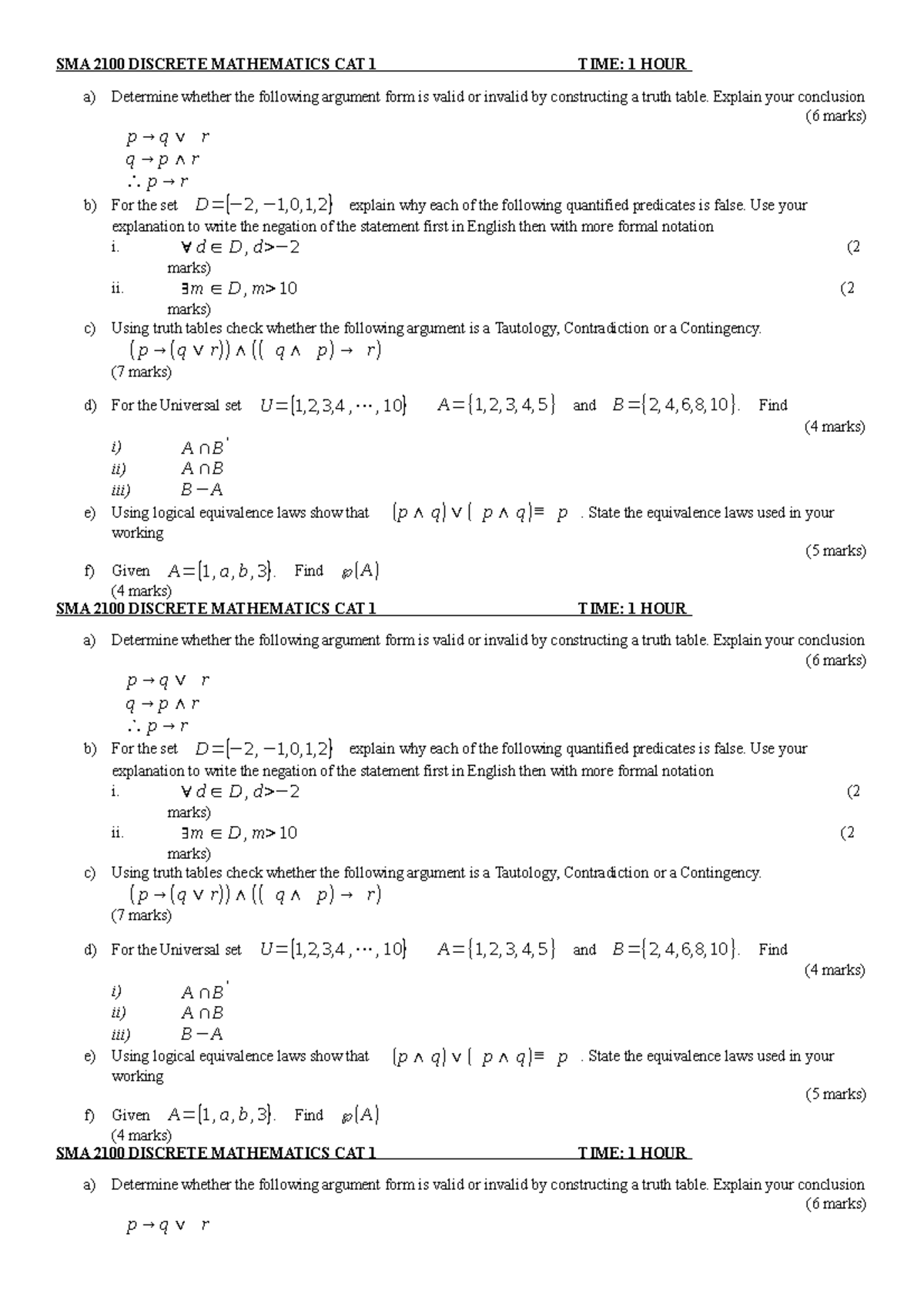 Cat 1 2019 Discrete mathematics revision - SMA 2100 DISCRETE ...