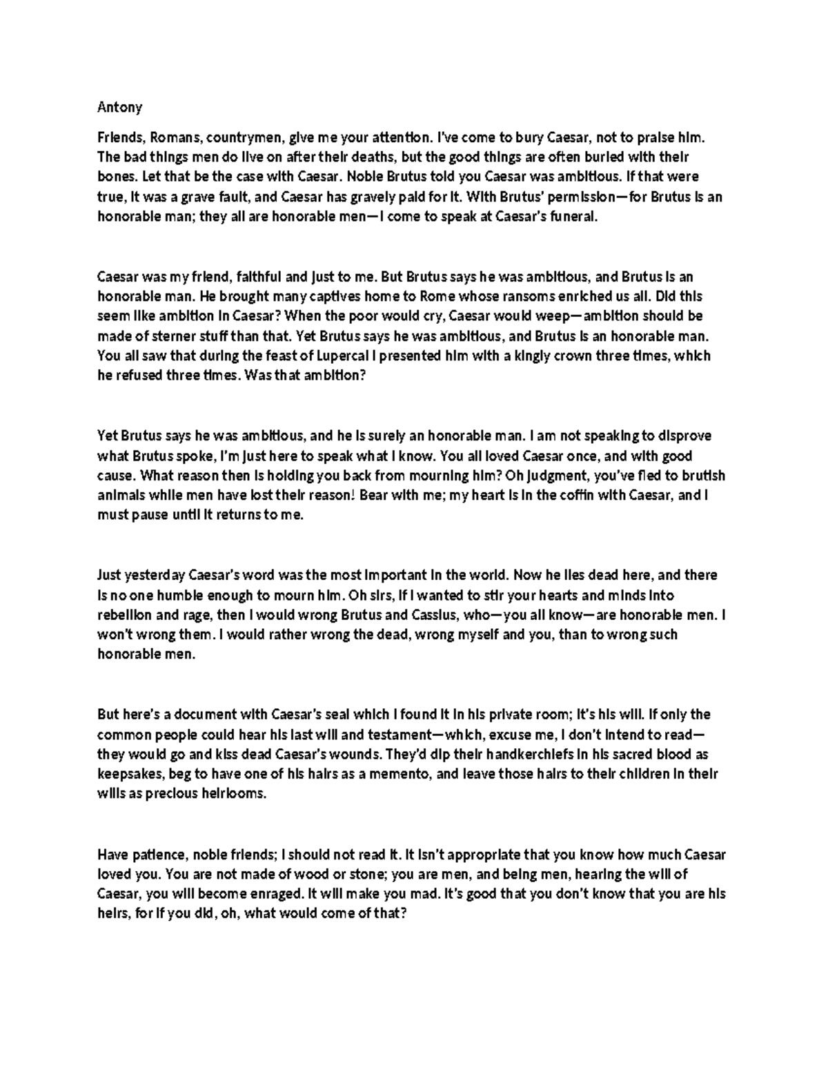 Copy of Julius Caesar funeral speeches modern English 2023 - Antony ...