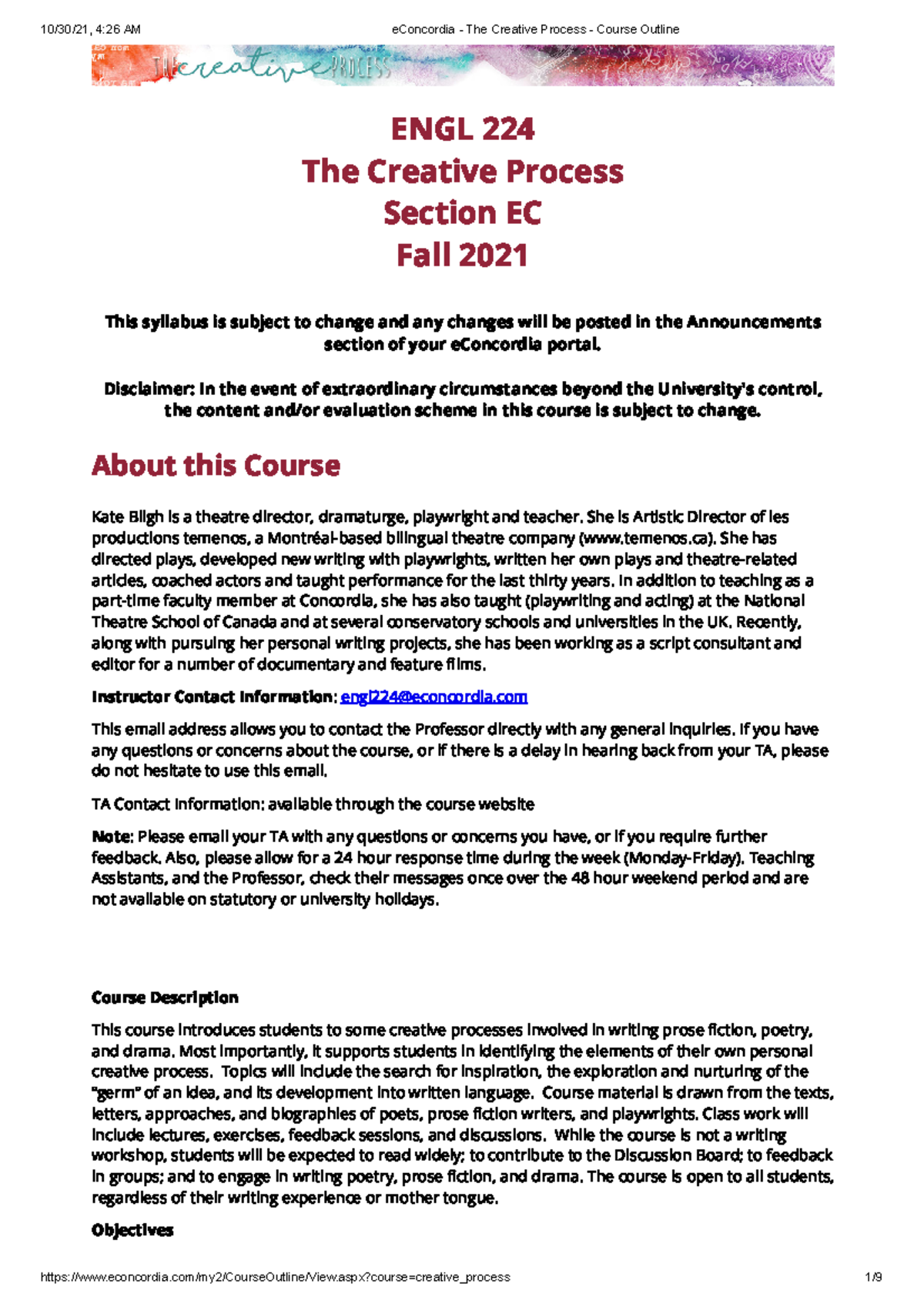The Creative Process - Course Outline (ENGL 224) - ENGL 224 The ...